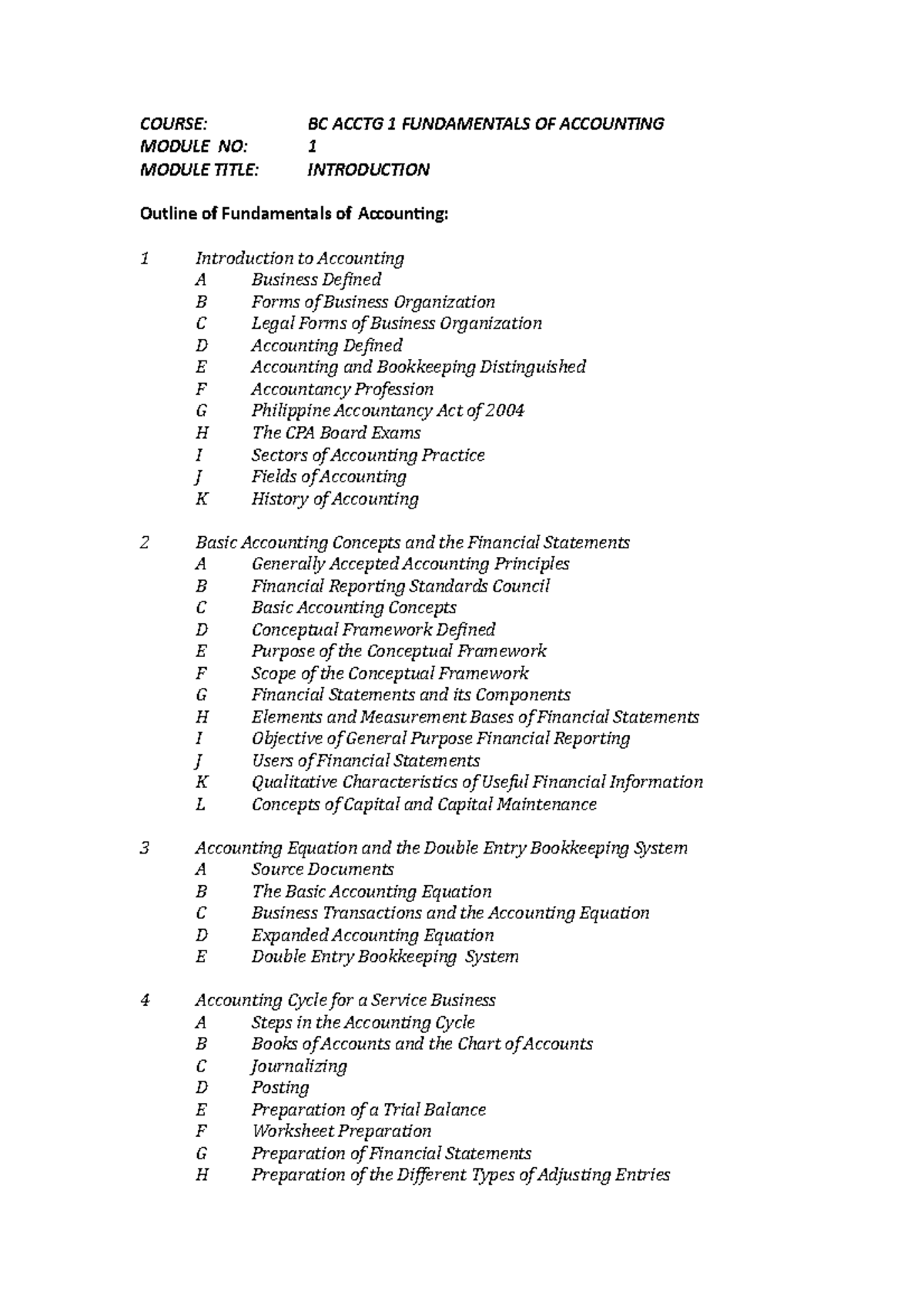 Module 1 Outline Of Fundamentals Of Accounting Financial Accounting