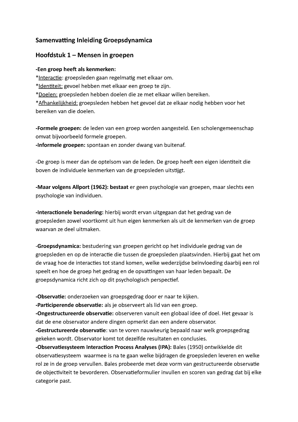 Samenvatting Inleiding Groepsdynamica Samenvatting Inleiding