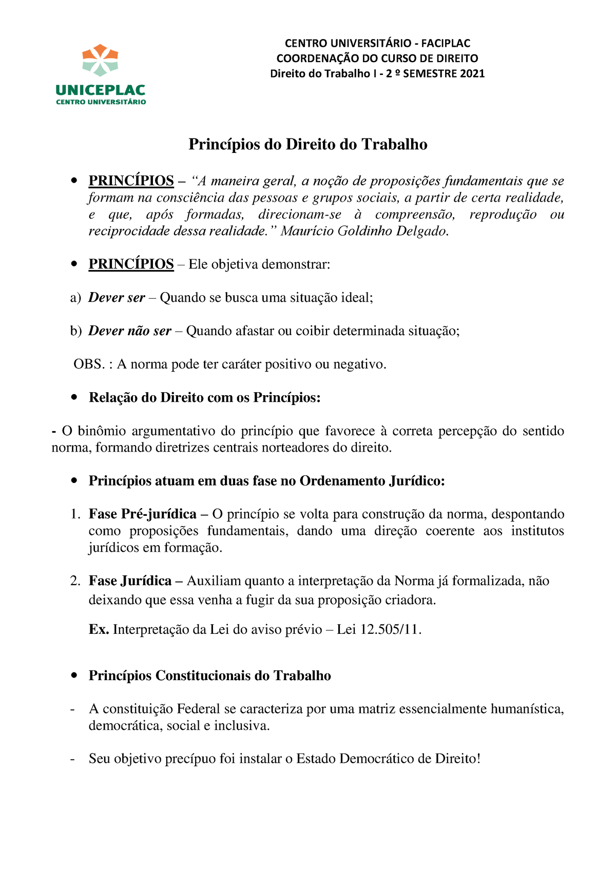 Princípios Do Direito Do Trabalho Coordena√o Do Curso De Direito