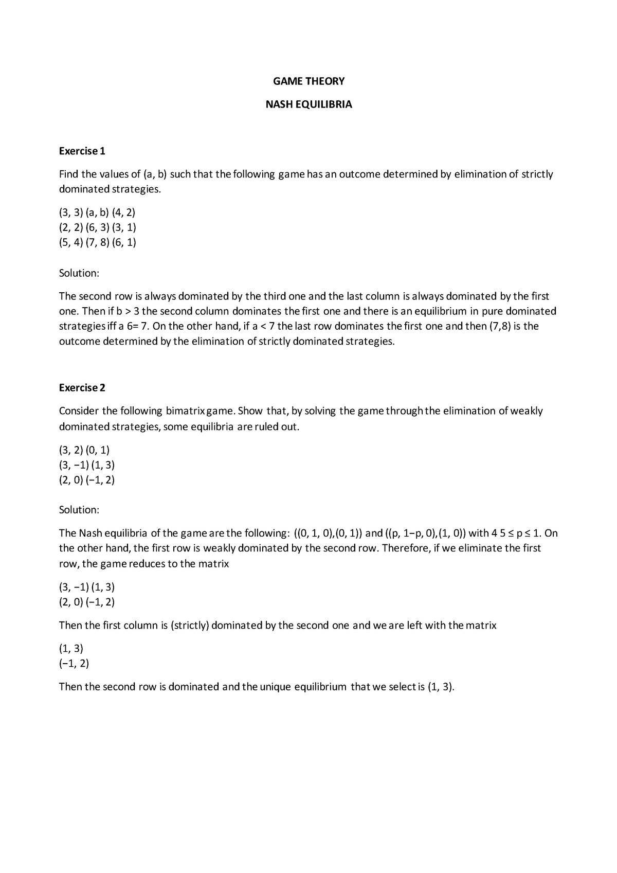 Game Theory Exercises Nash Equilibria Game Theory Nash Equilibria