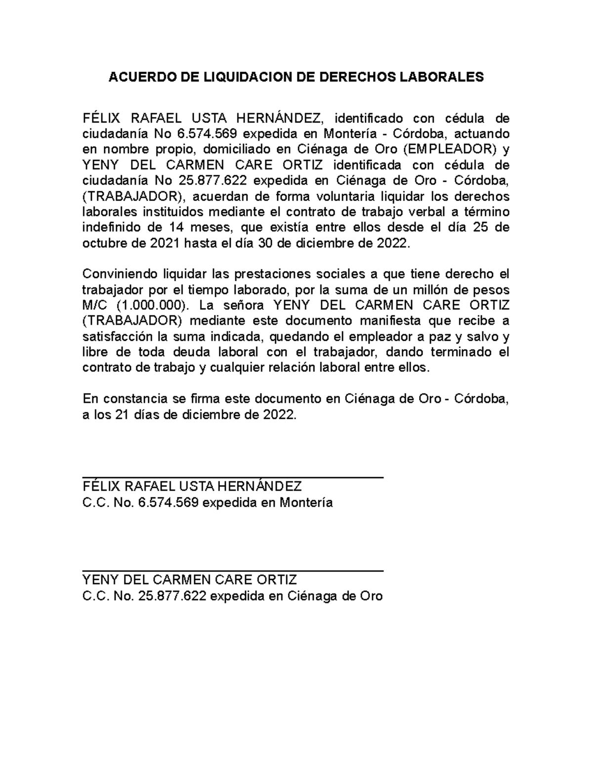 Acuerdo De Liquidacion De Derechos Laborales Acuerdo De Liquidacion