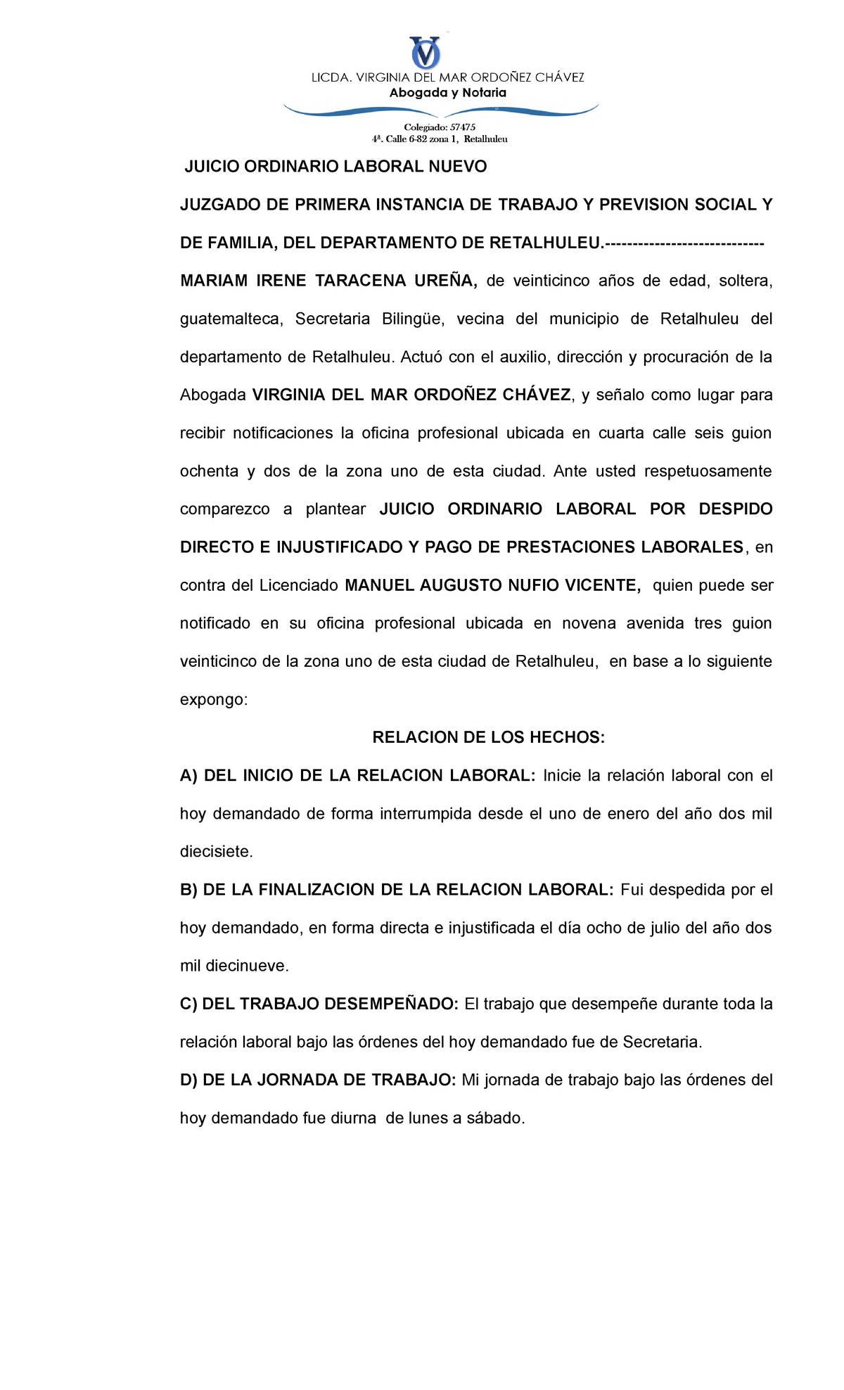 1 Juicio Ordinario Laboral De Despido Directo E Injustificado Y Pago