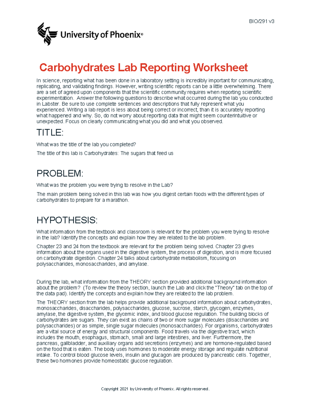 Bio291 V3 Wk4 The Carbohydrates Lab Report Bio291 V Carbohydrates