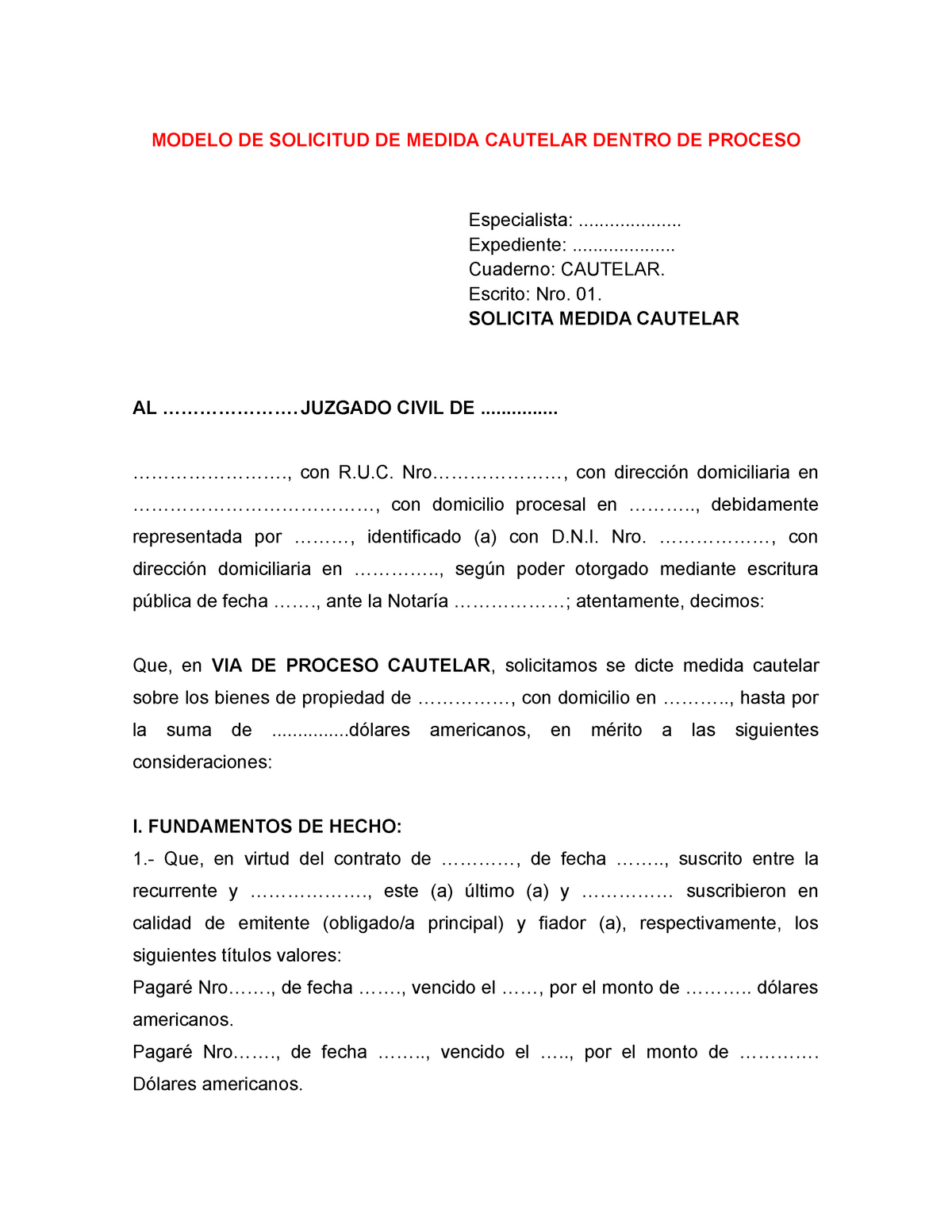 Modelo De Solicitud De Medida Cautelar Dentro De Proceso Modelo De