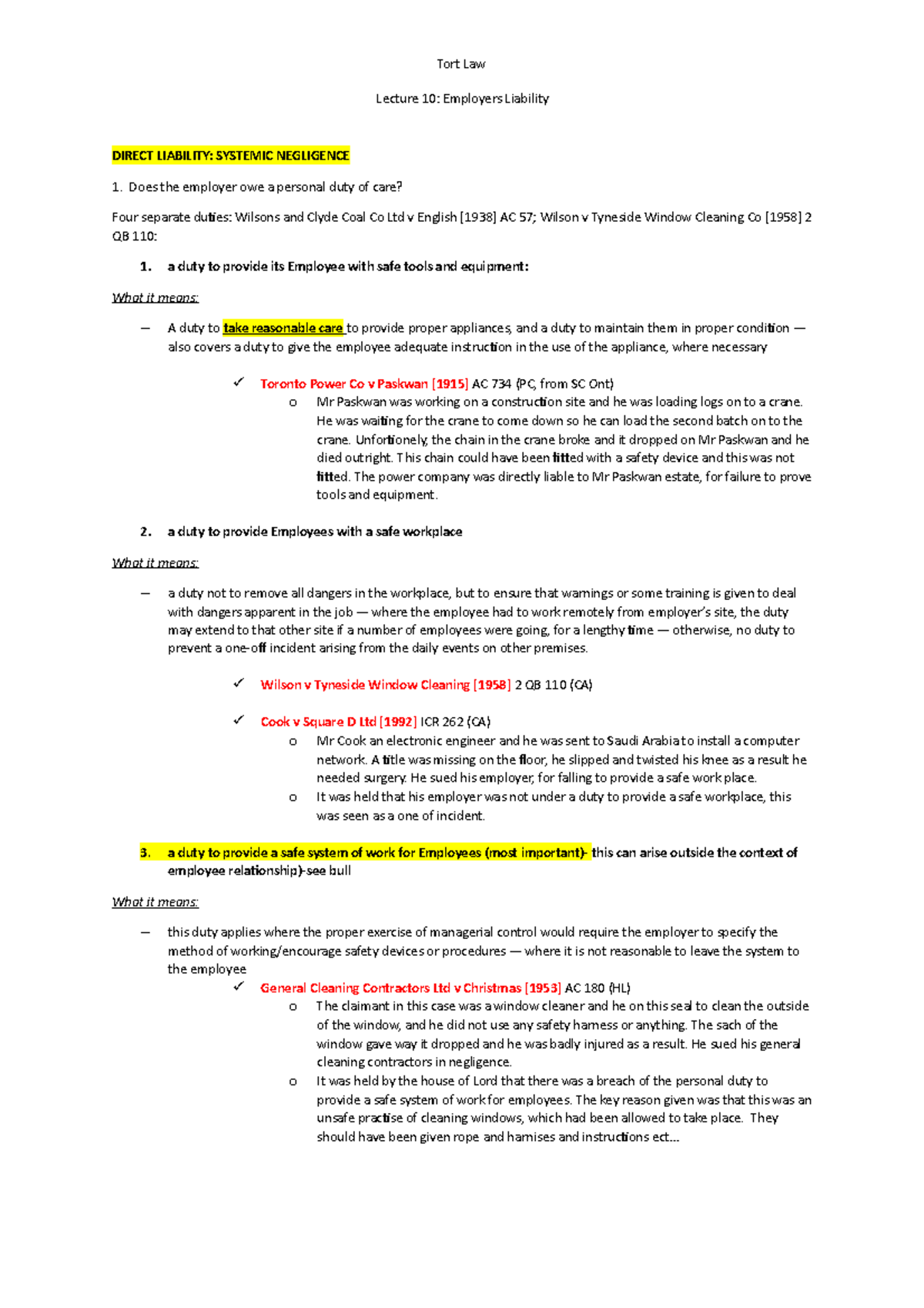 21 Employers Liability Tort Law Lecture 10 Employers Liability