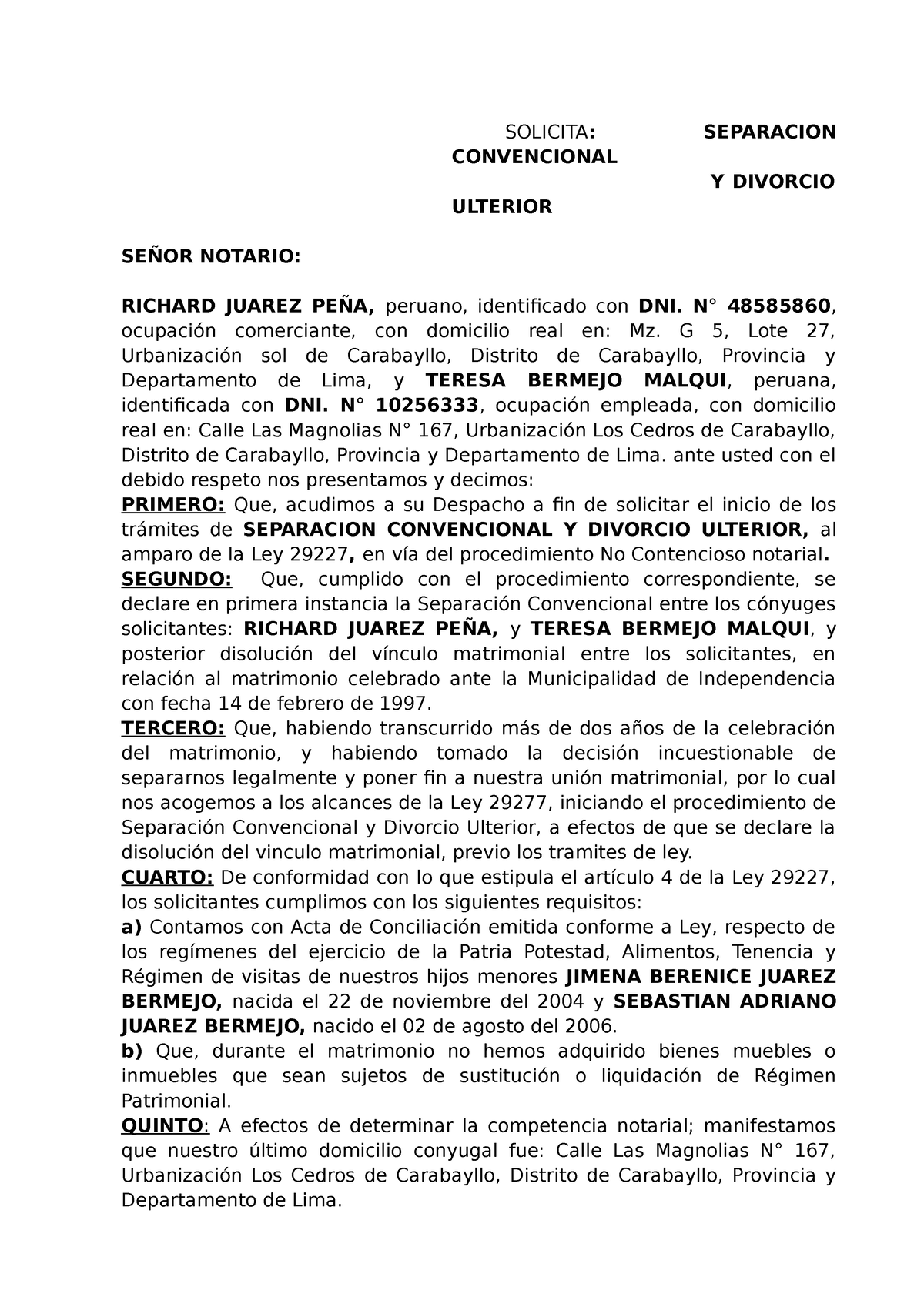 Solicitud De Separacion Convencional Solicita Separacion