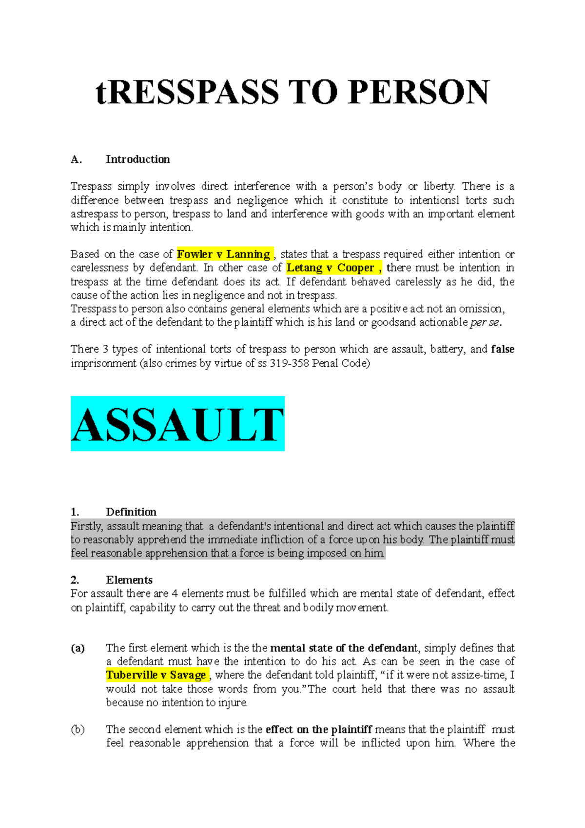 Torts Law 1 Notes Tresspass To Person A Introduction Trespass Simply