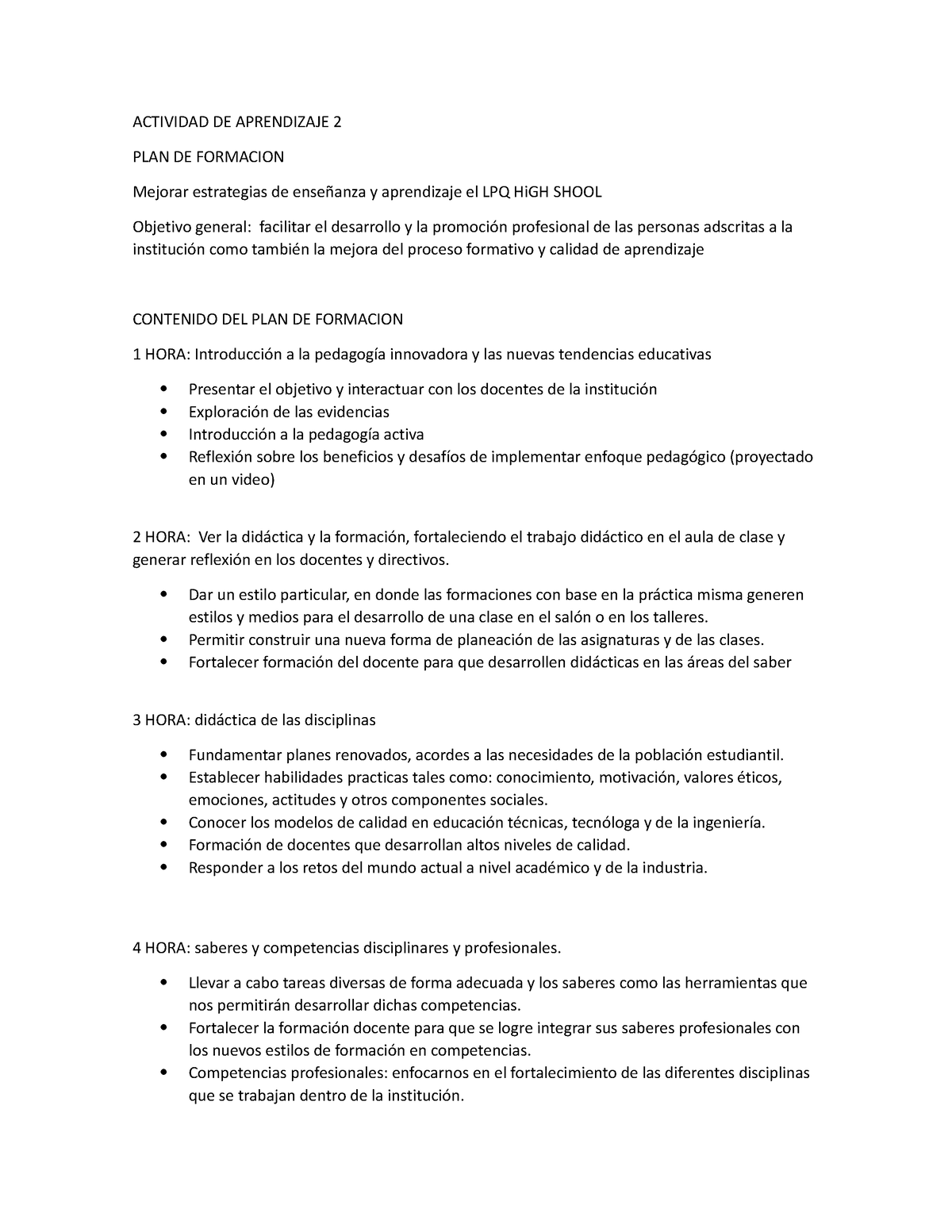 Actividad De Aprendizaje 2 Actividad De Aprendizaje 2 Plan De