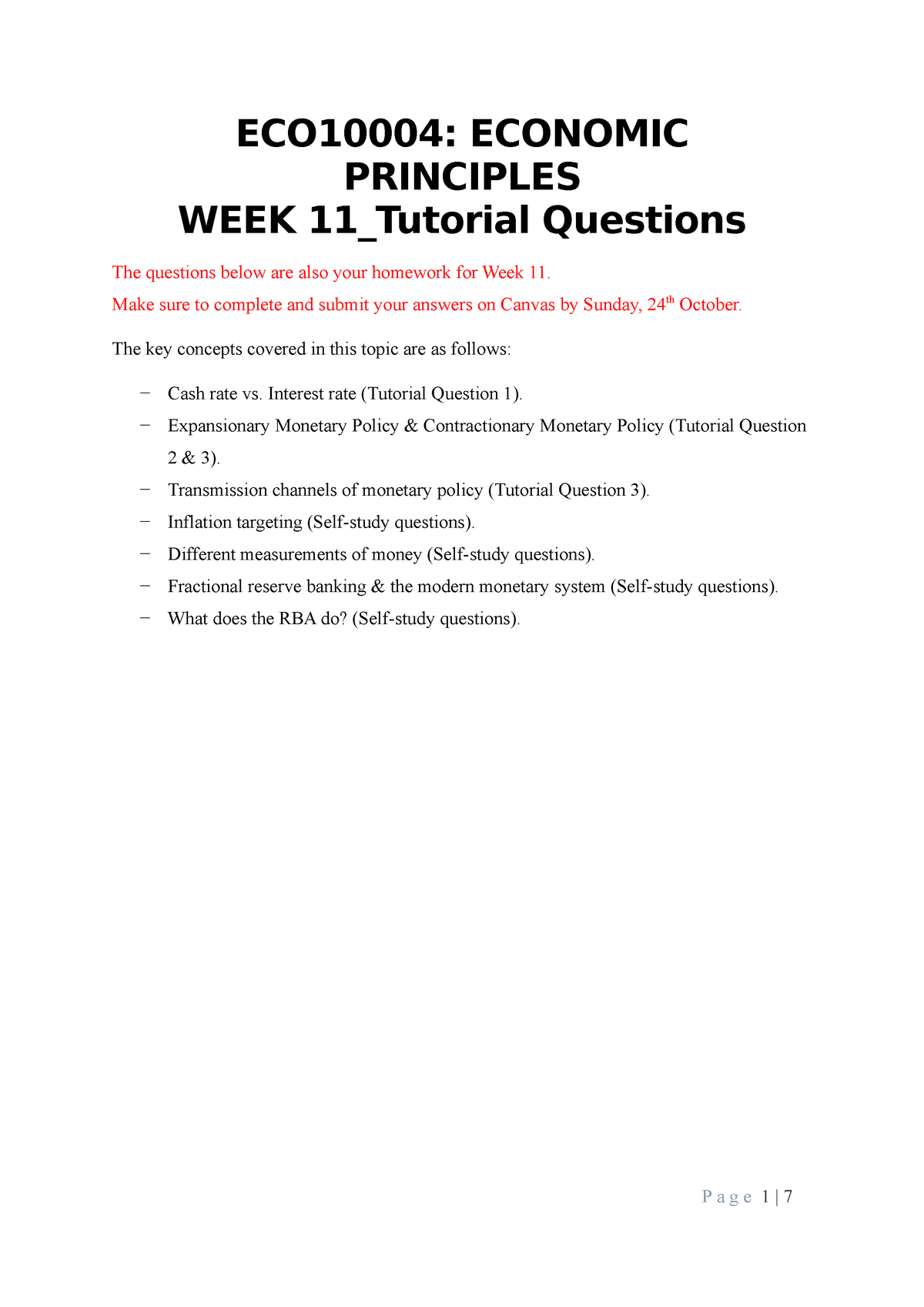 Week 11 Tutorial Questions An Khanh Eco10004 Economic Principles