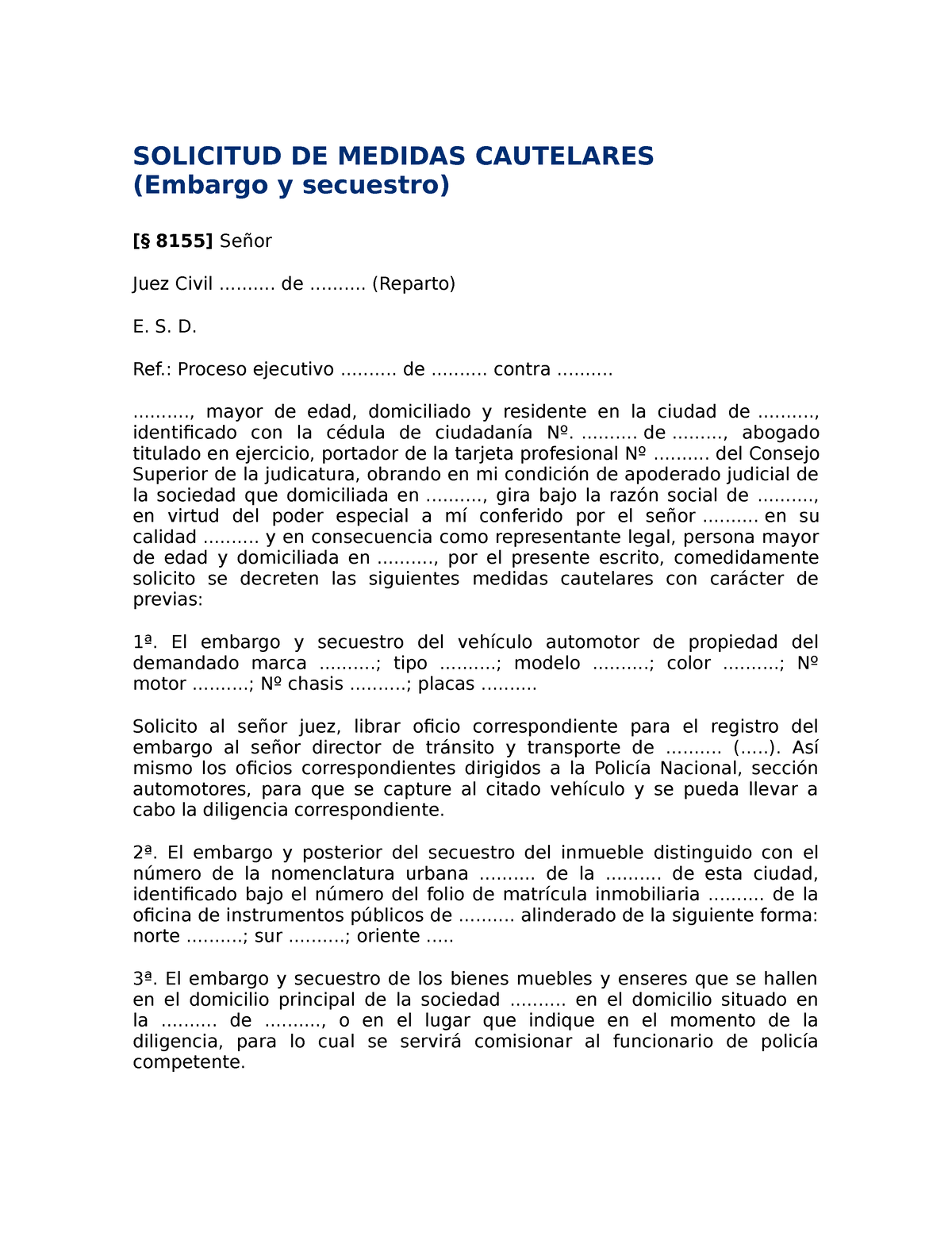 Modelo De Solicitud De Medidas Cautelares Solicitud De Medidas