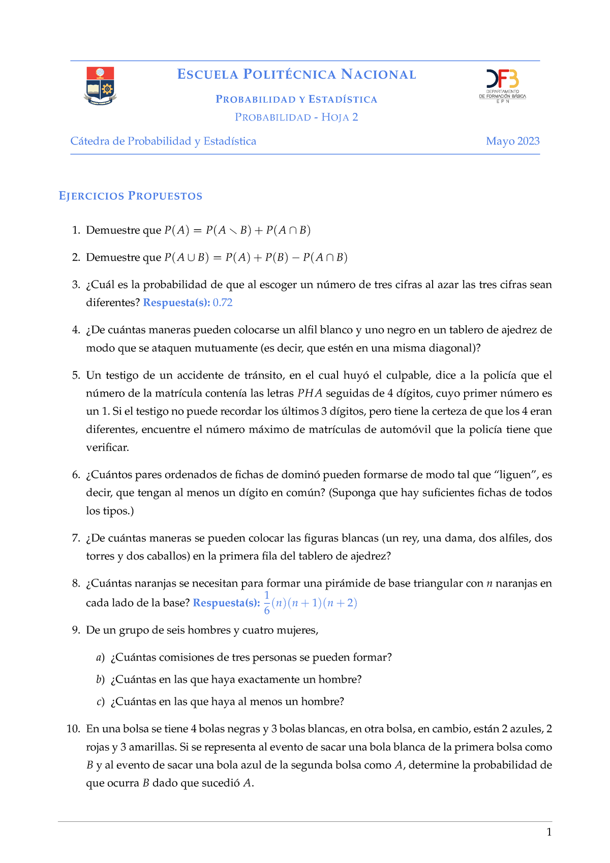 Guia 02 Ejercicios De Probabilidad Y Estadística 2023a Escuela