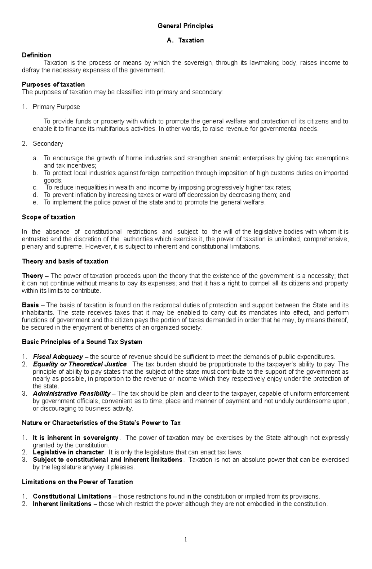 General Principles Summary Taxation General Principles A Taxation