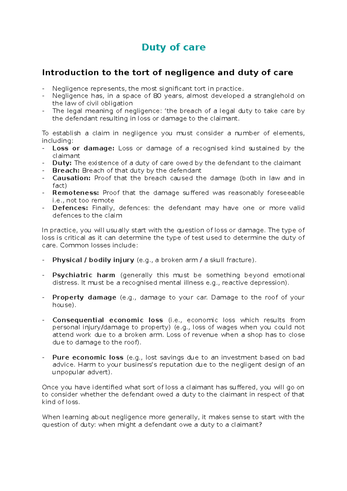 Tort Law Workshop 1 Duty Of Care General Negligence Duty Of Care