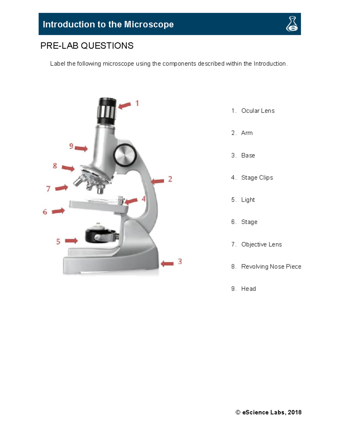 Introduction To The Microscope Pre Lab Questions Label The Following