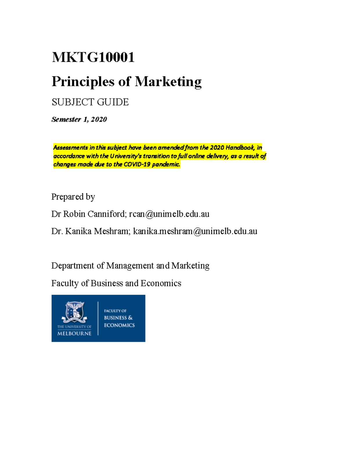 Subject Guide Mktg Principles Of Marketing Subject Guide Semester 1