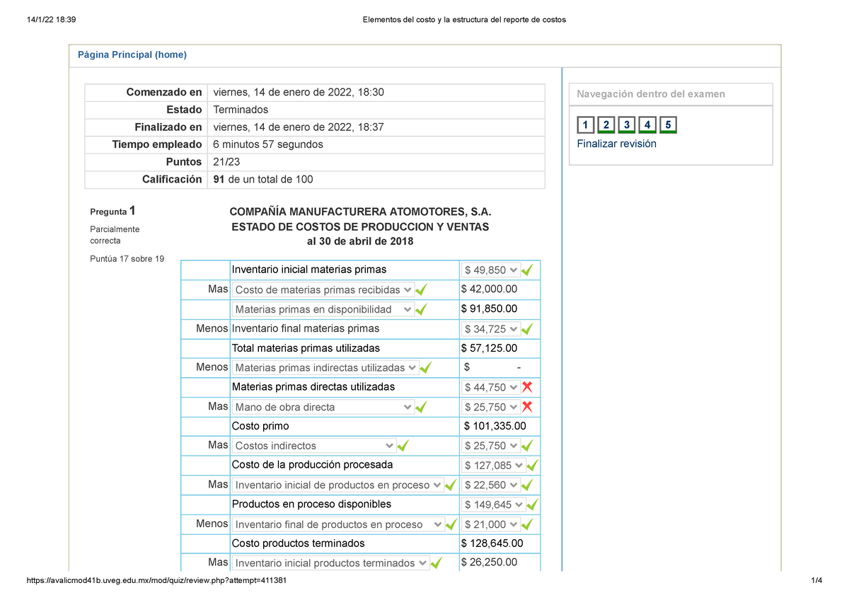 Elementos Del Costo Y La Estructura Del Reporte De Costos Examen 1