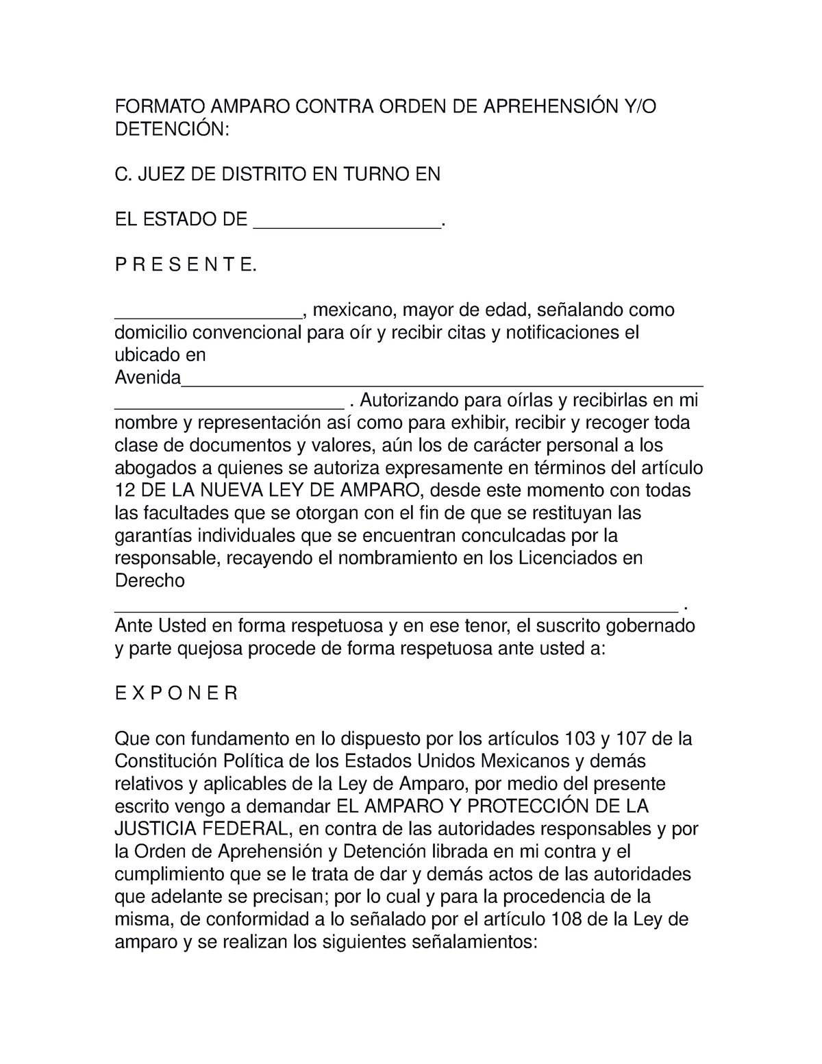 Amparo Contra Orden De AprehensiÓn Y Detencion Formato Amparo Contra