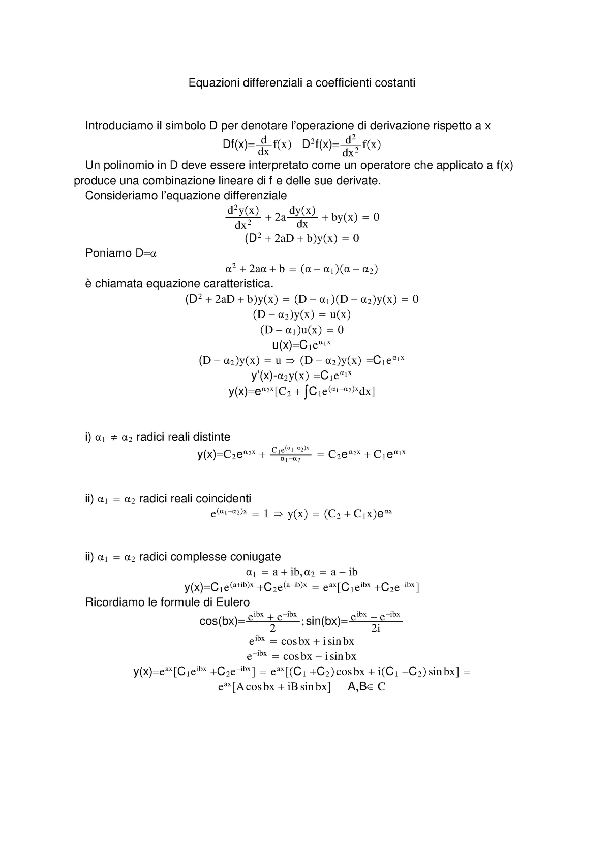 Appunti Analisi Matematica 2 Equazioni Differenziali A Coefficienti