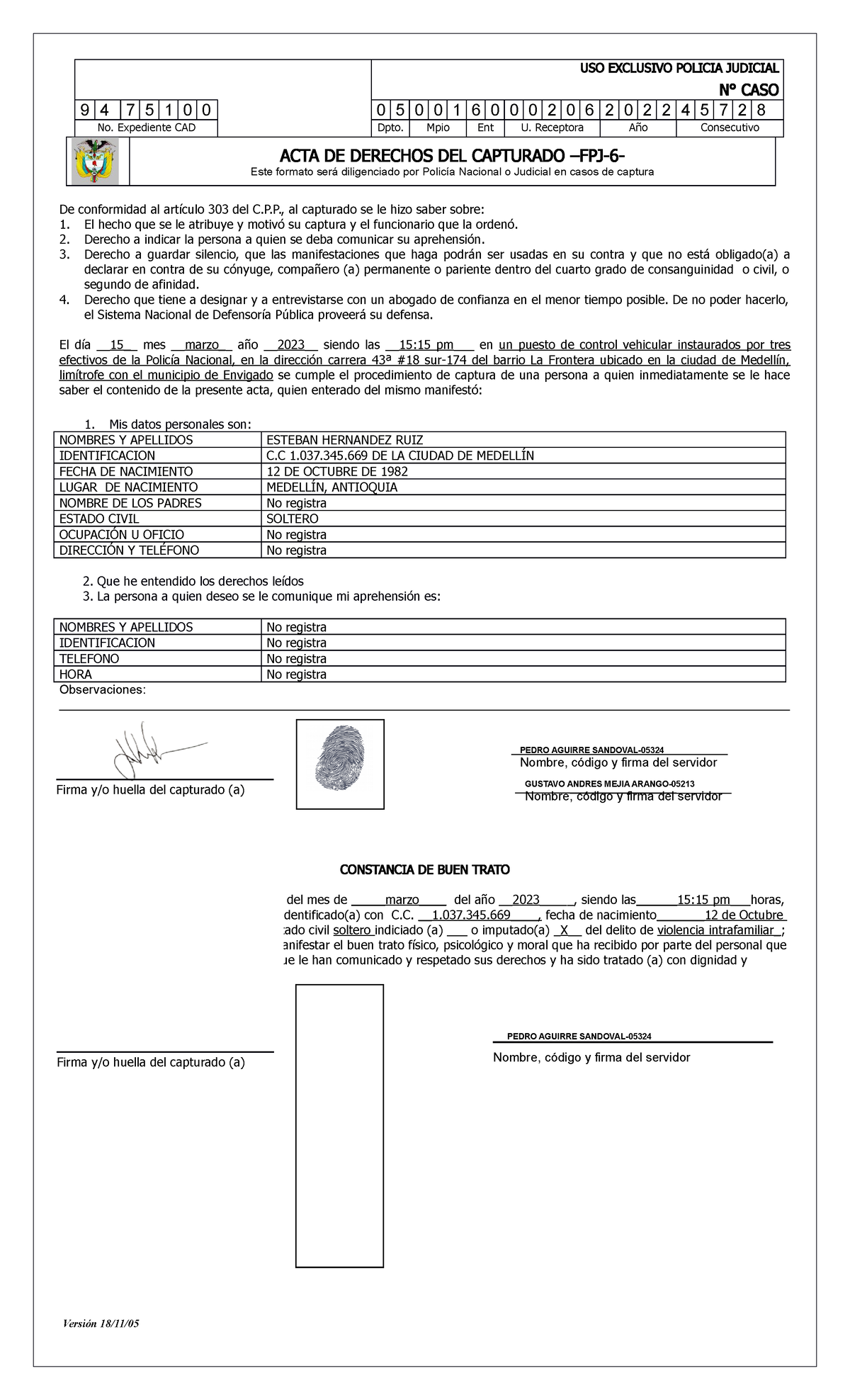 Acta Derechos Del Capturado Uso Exclusivo Policia Judicial N° Caso 9