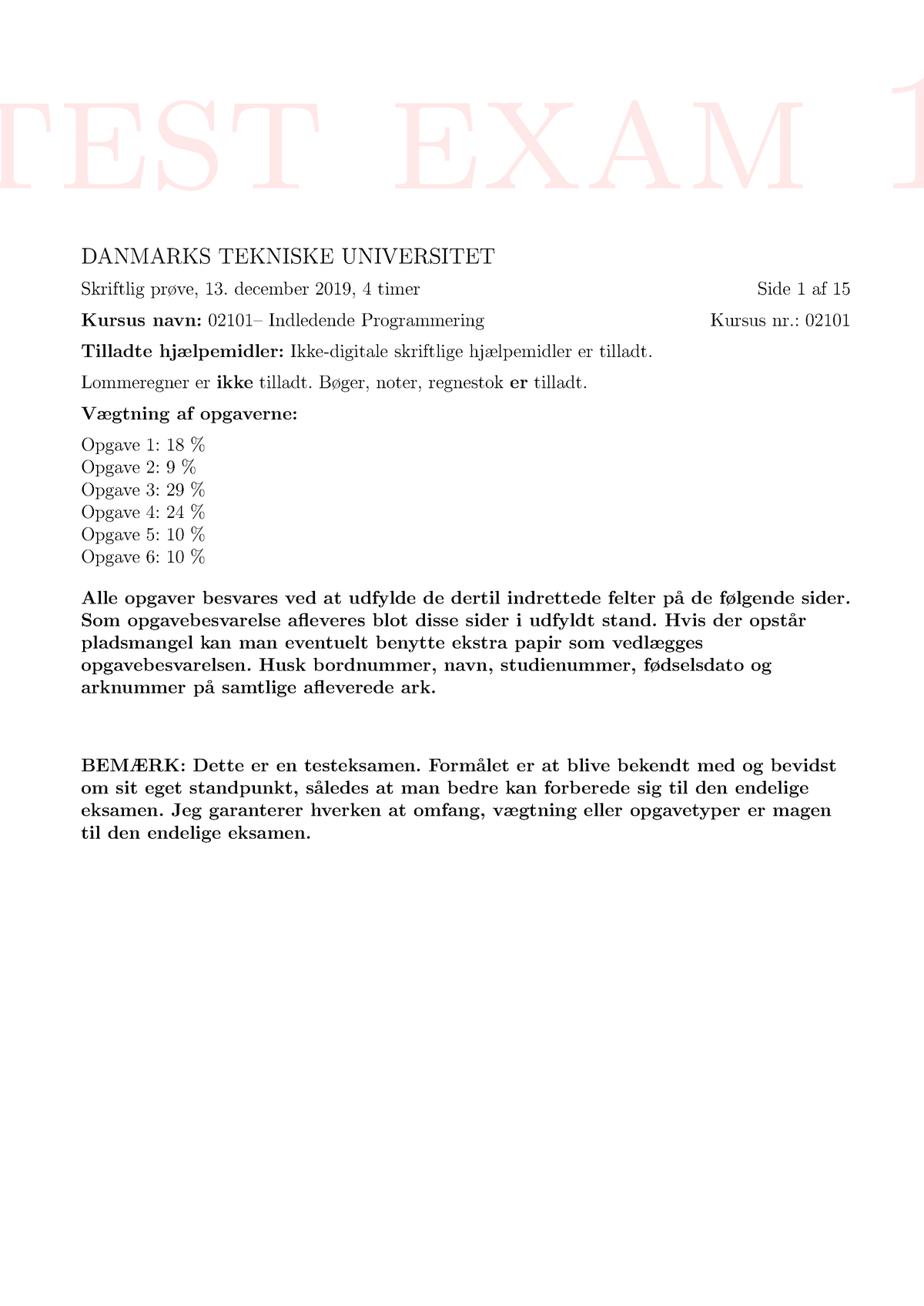 02101 E19 4 Test Exam 1 Danmarks Tekniske Universitet Skriftlig Prøve