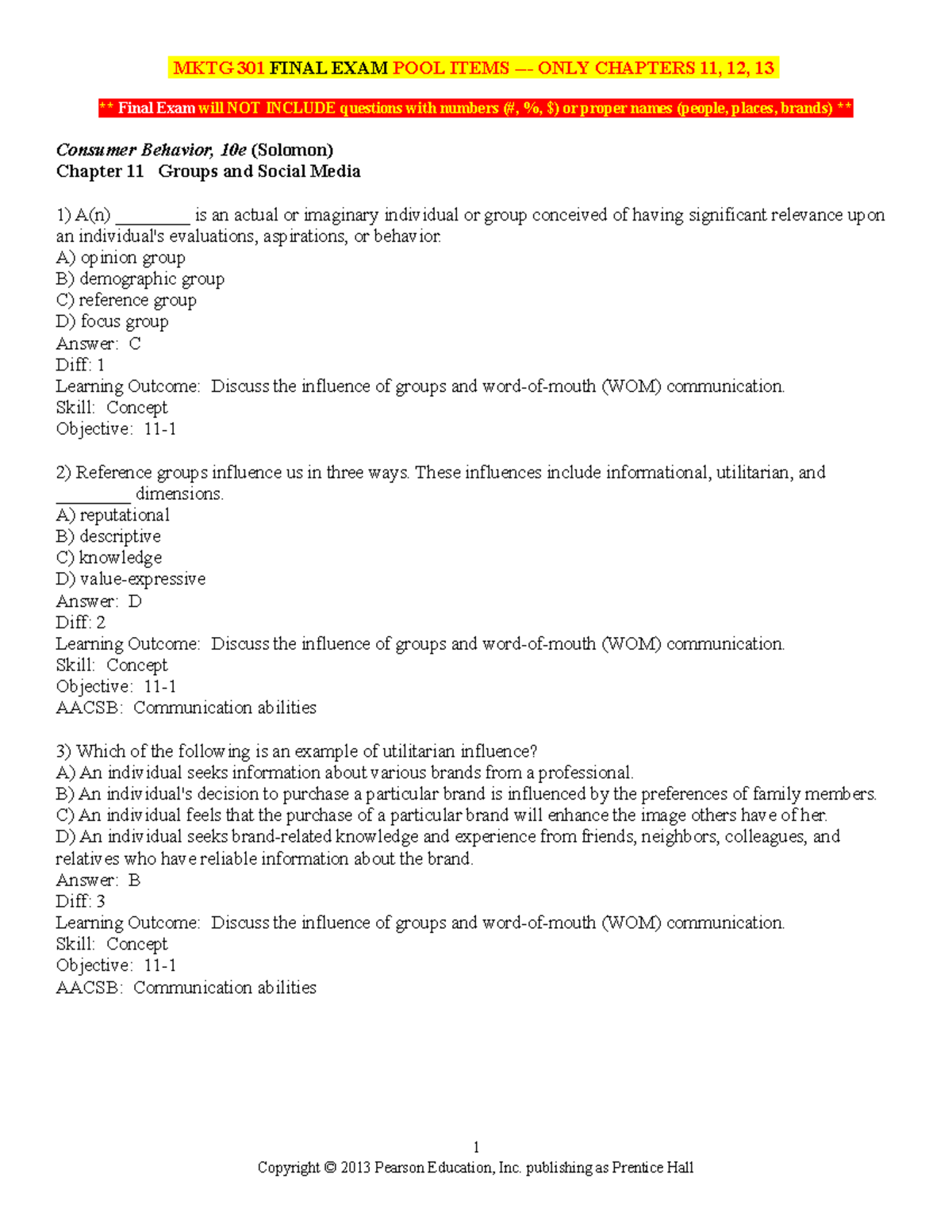 Mktg 301 Final Multiple Choice Answers For Multiple Marketing