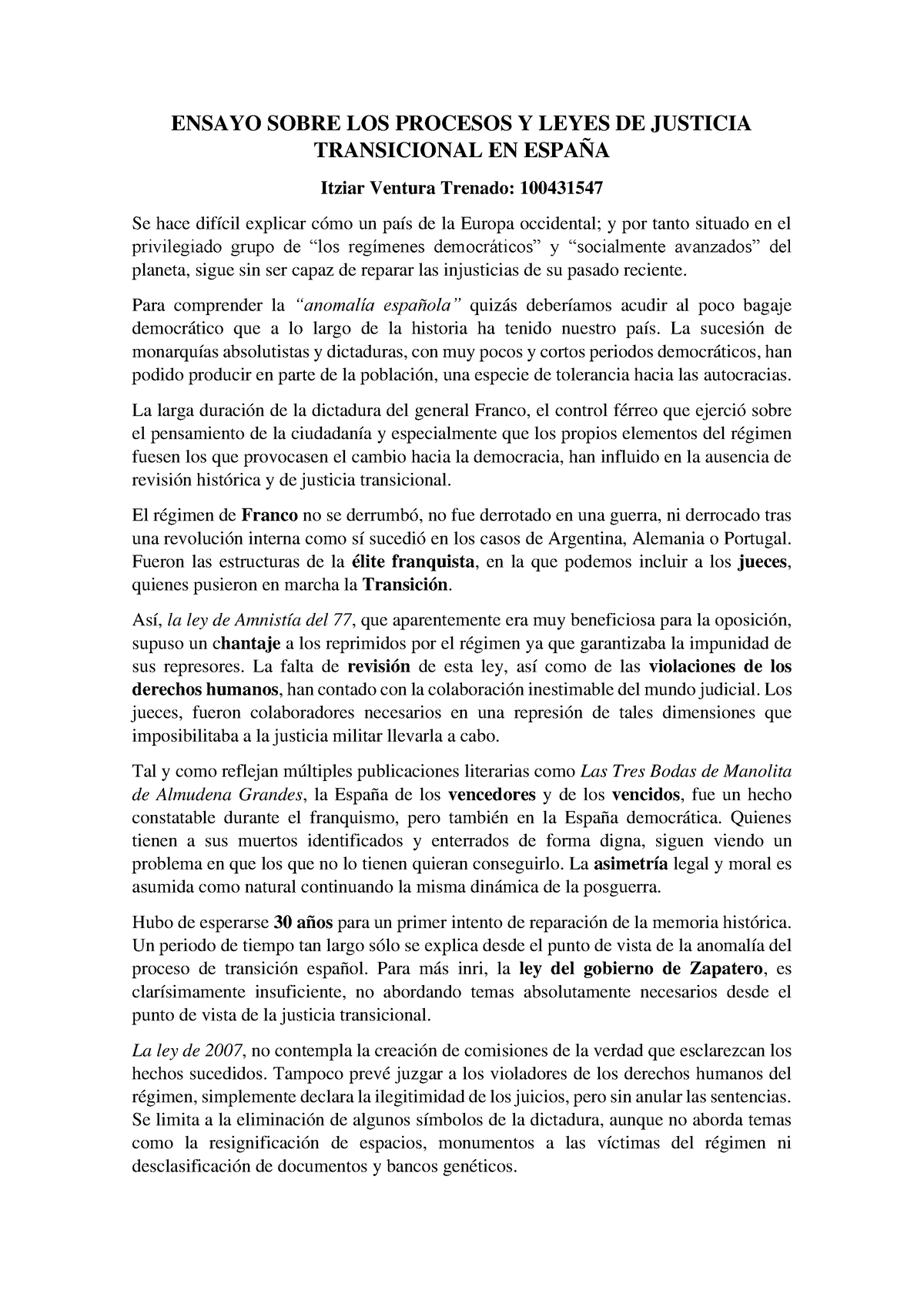 Ensayo Sobre Los Procesos Y Leyes De Justicia Transicional En España 1