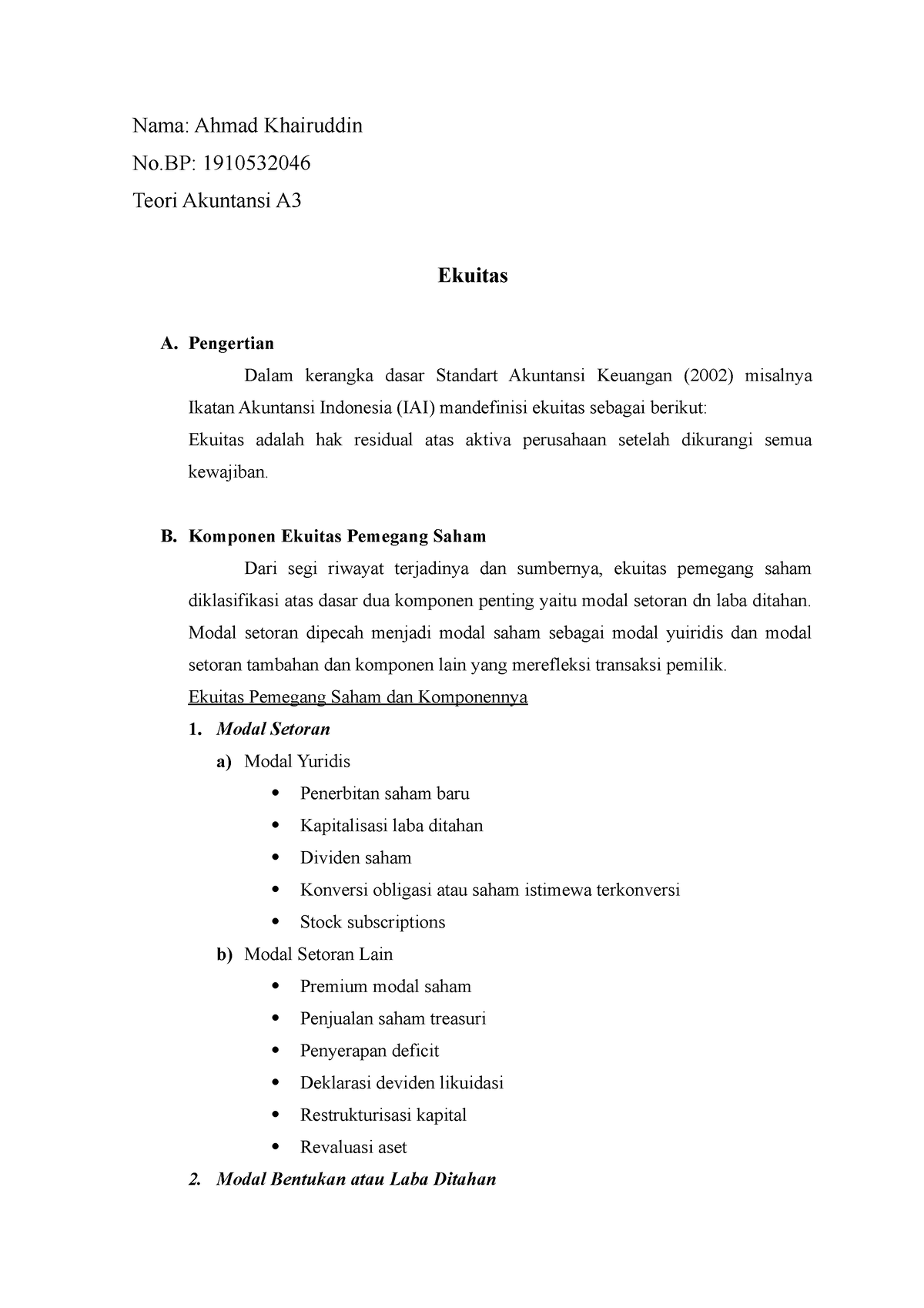 Resume Materi Ekuitas Nama Ahmad Khairuddin No 1910532046 Teori