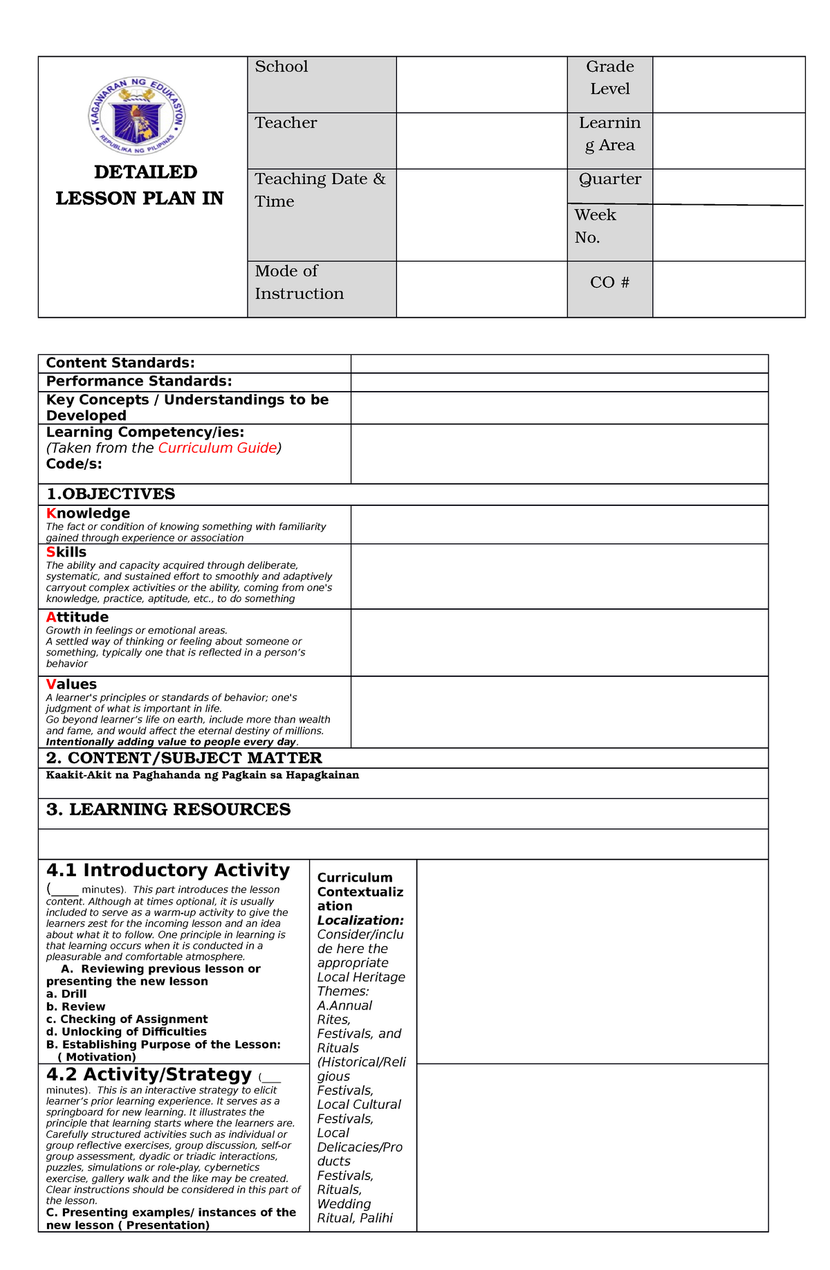 Lesson Plan Format Deped Order No 42 S 2016 Co Format Demo Teaching