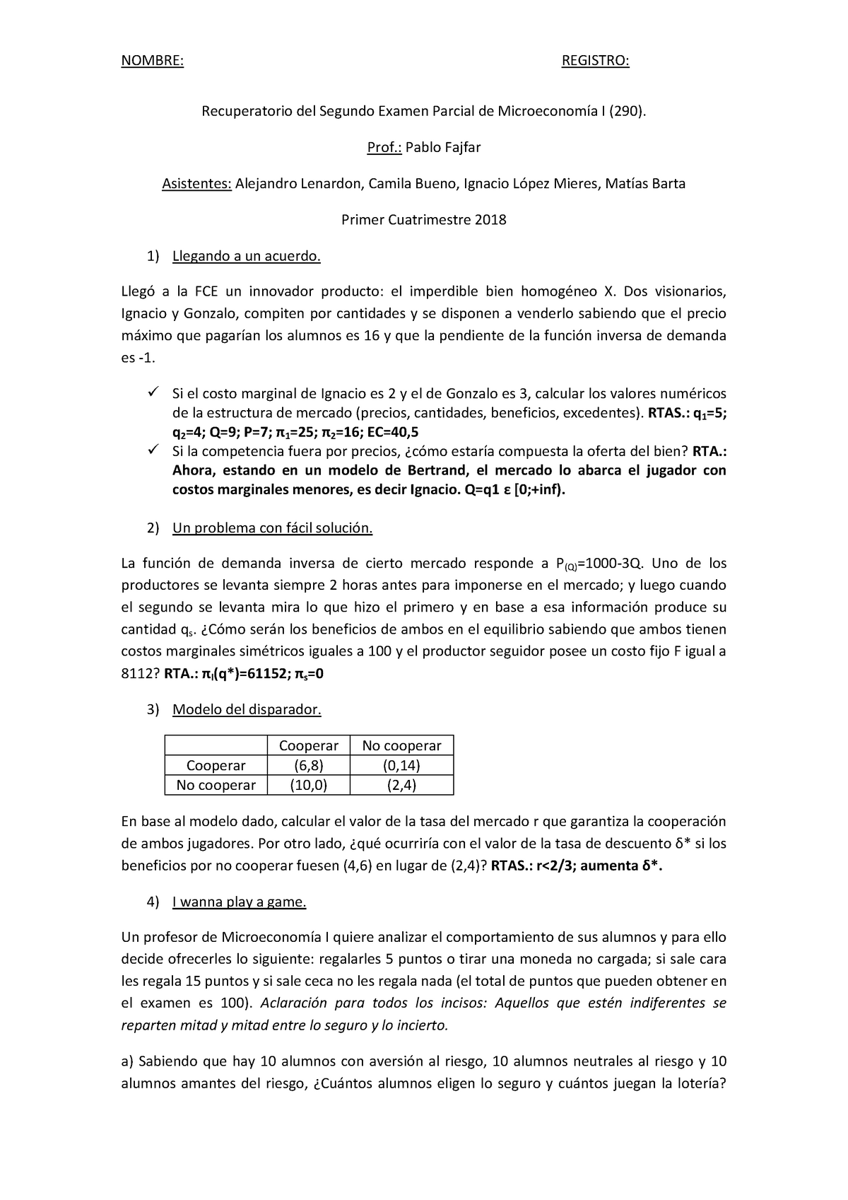 2018 1 Segundo Parcial Microeconomía Recuperatorio Nombre Registro