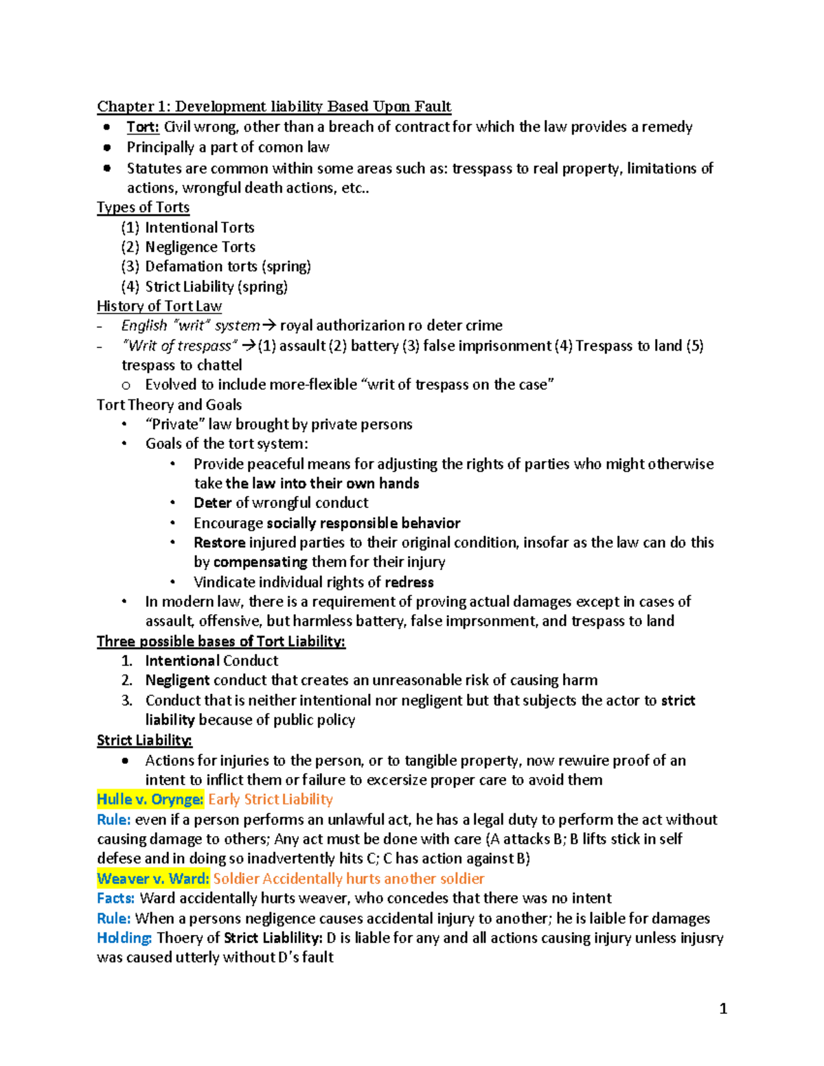 Torts Outline Chapter 1 Development Liability Based Upon Fault Tort