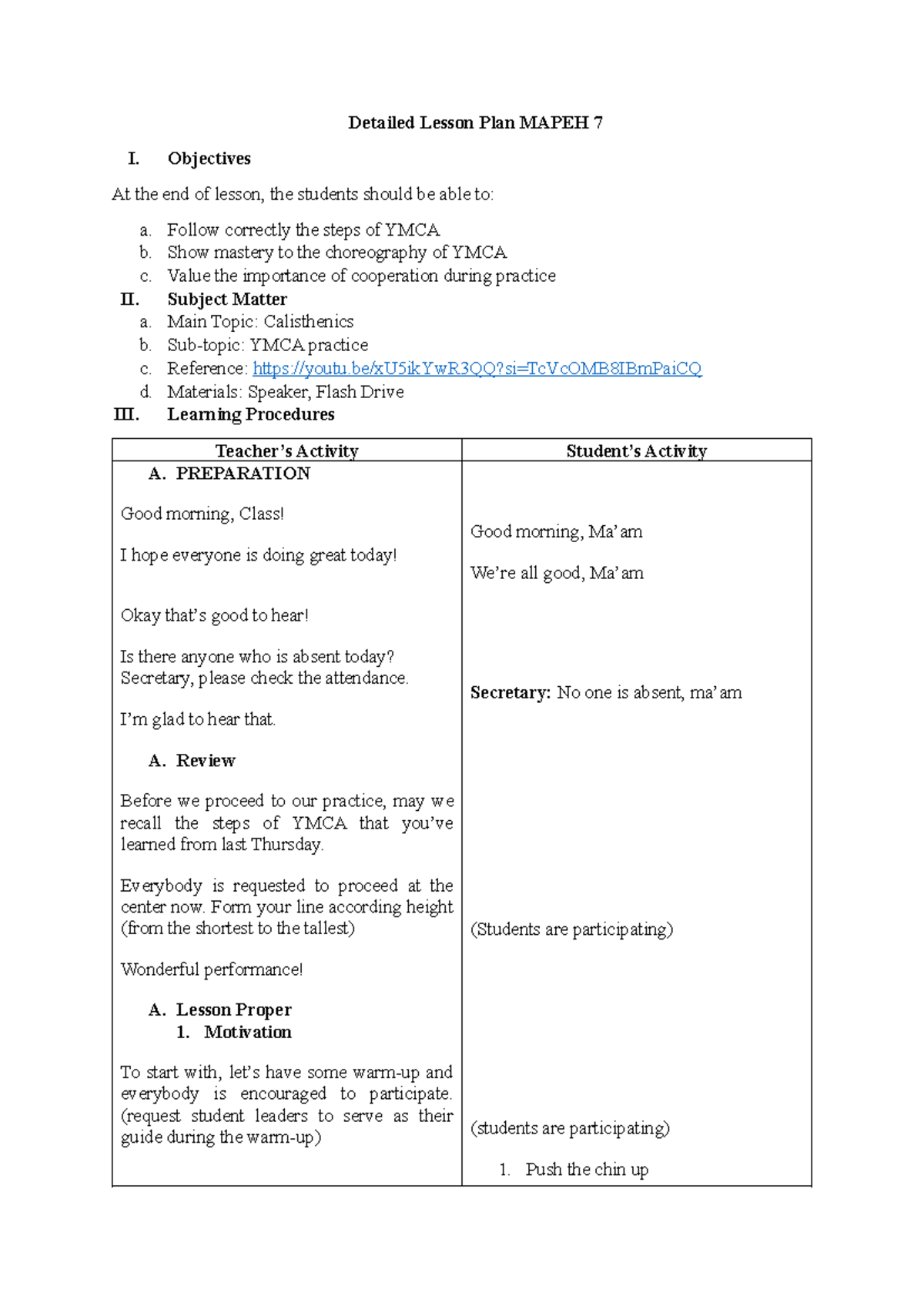 Dlp Lussoc 1 Lesson Plan Detailed Lesson Plan Mapeh 7 I