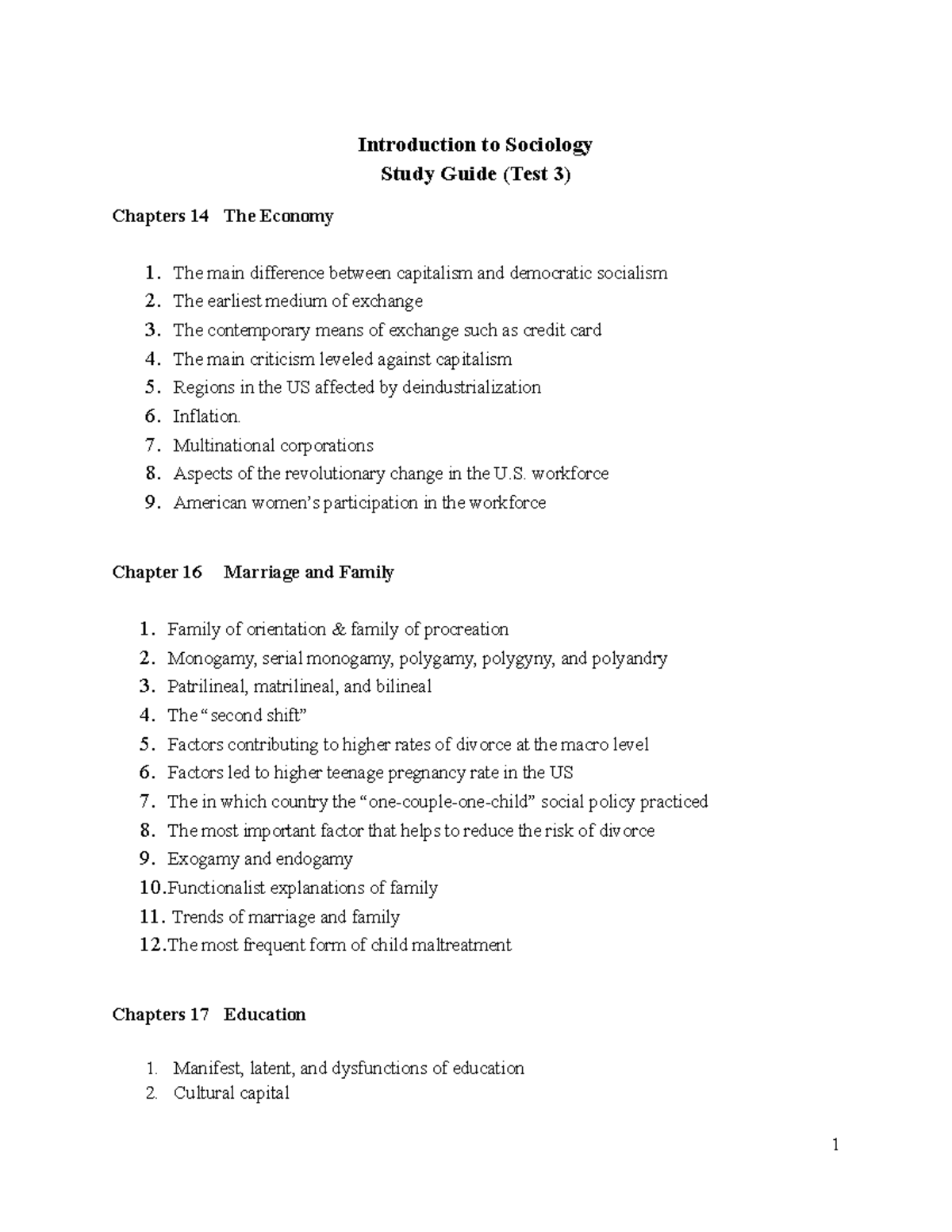 Study Guide Test 3 Introduction To Sociology Study Guide Test 3