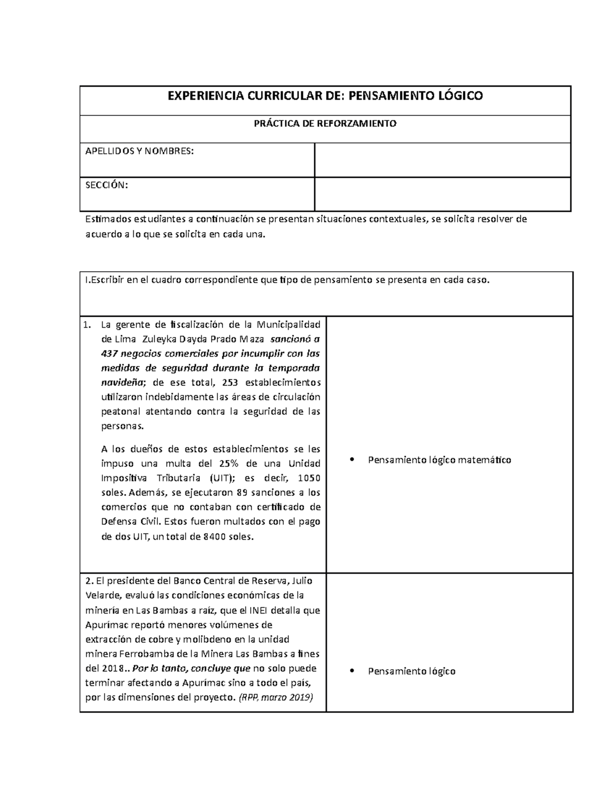 Práctica De Reforzamiento I De Pensamiento Lógico Ucv Pensamiento