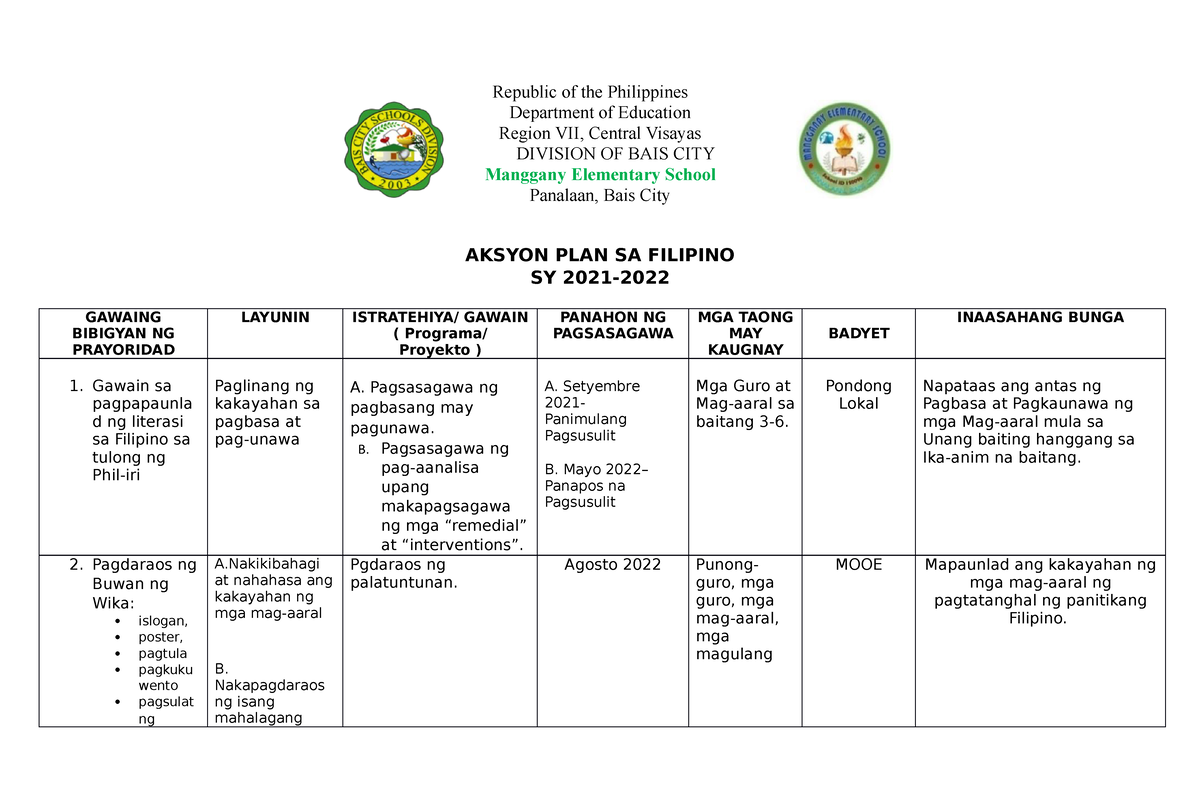 Sample Ng Action Plan Sa Filipino