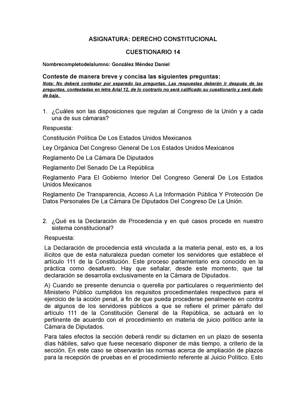 Examen Constitucional Asignatura Derecho Constitucional Cuestionario