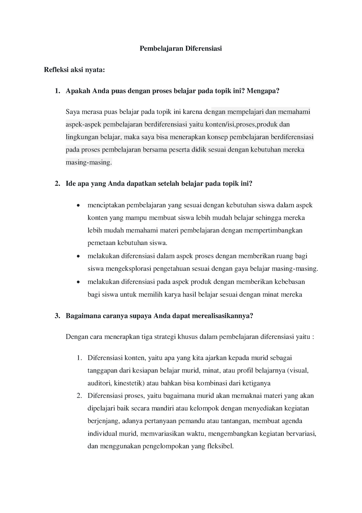 Aksi Nyata Pembelajaran Diferensiasi Pembelajaran Diferensiasi