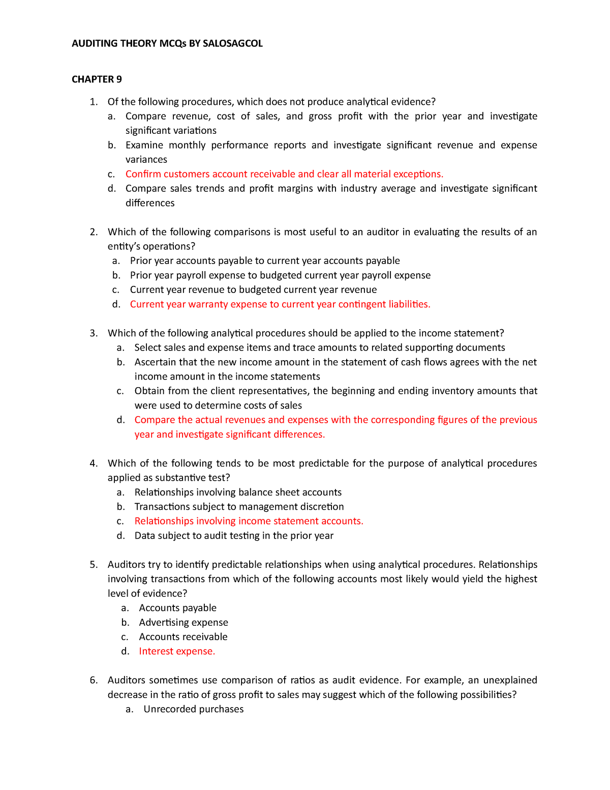 Auditing Theory Mcqs By Salosagcol With Answers Part 2 Chapter 9 Of