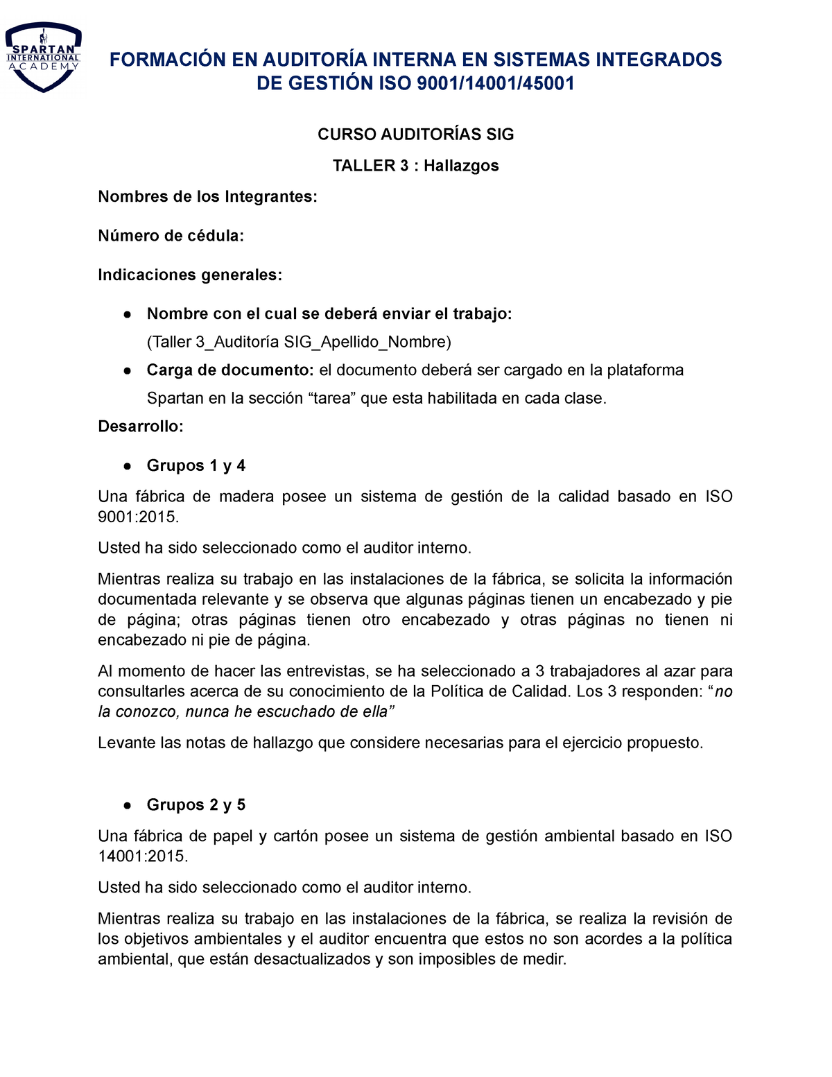 Taller 3 Auditoria Sig De GestiÓn Iso 900114001 Curso AuditorÍas Sig