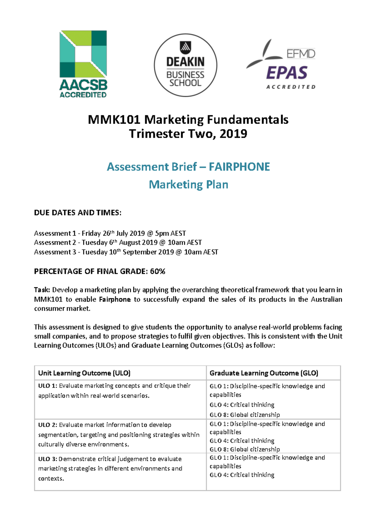 Mmk101 T2 2019 Assessment Brief Mmk101 Marketing Fundamentals