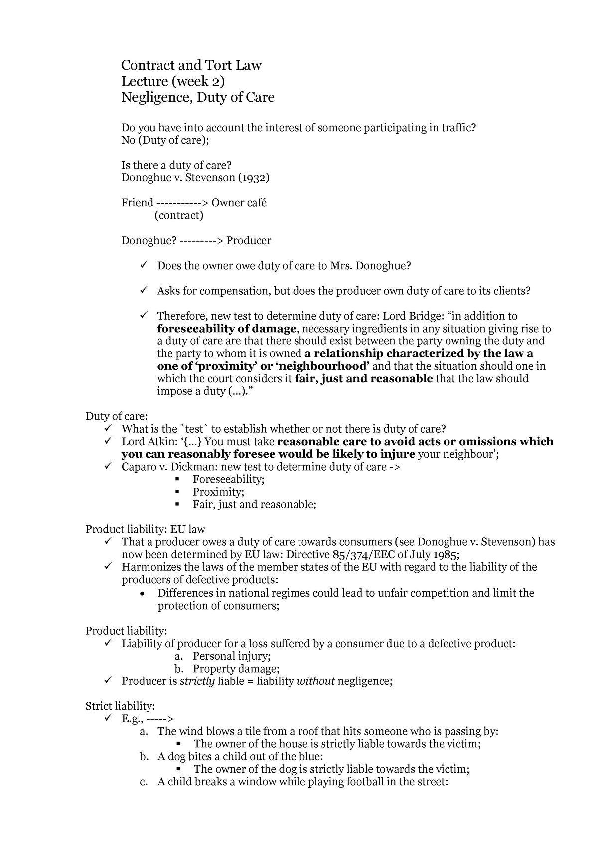 Lecture Notes Week 2 Contract And Tort Law Lecture Week 2