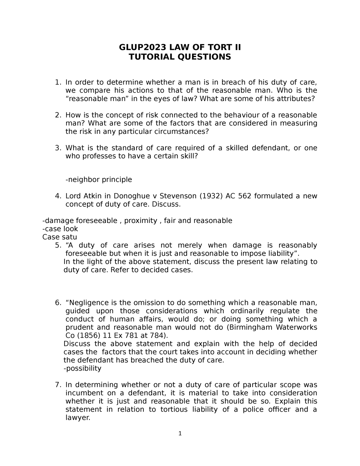 Tutorial Q Tort Ii A Tort Is A Civil Wrong That Causes A Claimant To