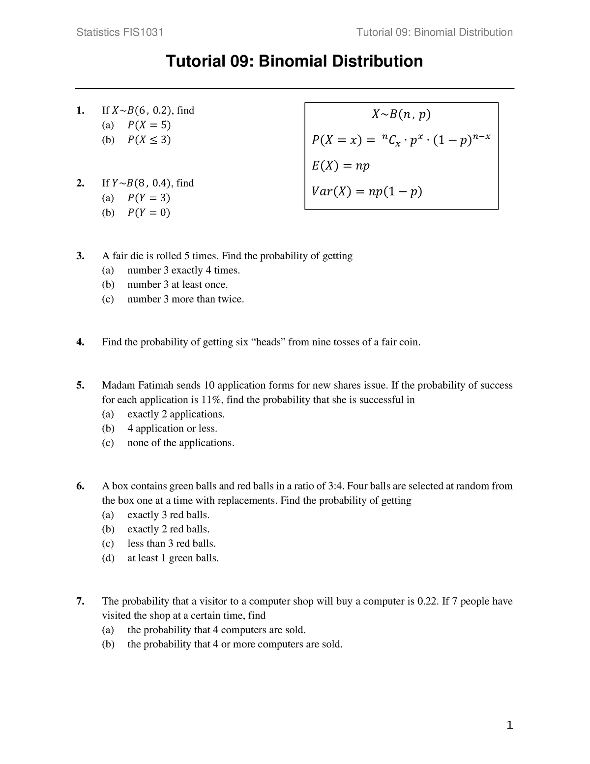 Tutorial 09 Binomial Distribution Statistics Fis1031 Tutorial 09