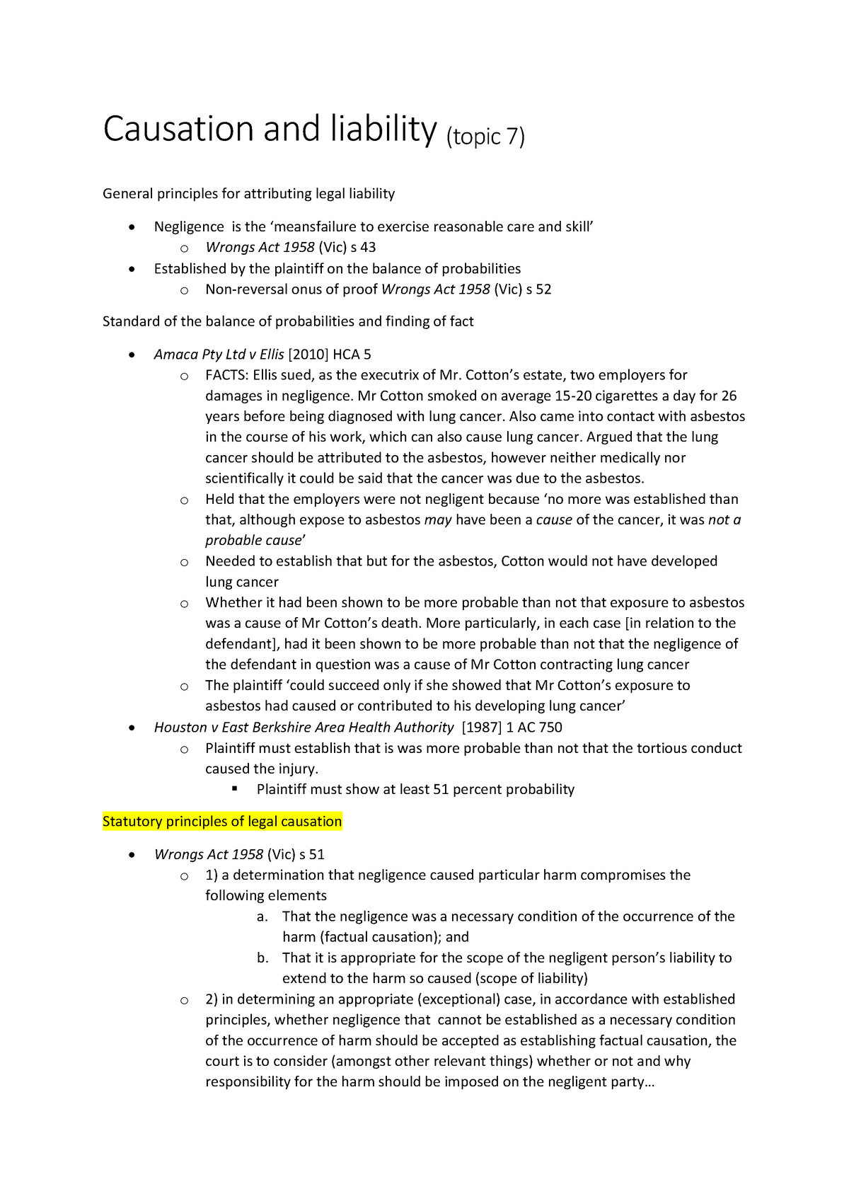 Tort Of Negligence Lecture Notes 1 5 Causation And Liability Topic