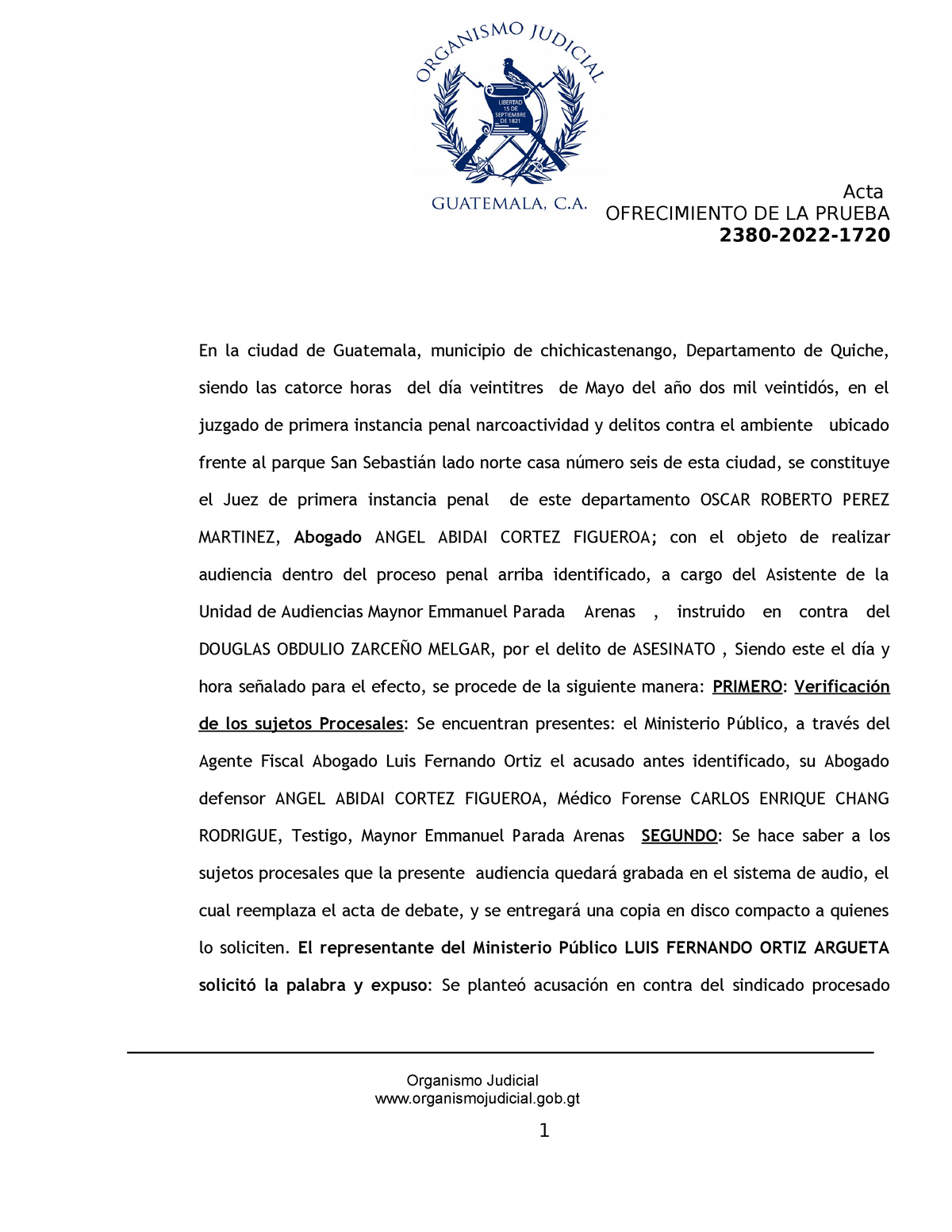 Acta Ofrecimiento De Pruebas Acta Ofrecimiento De La Prueba 2380 2022