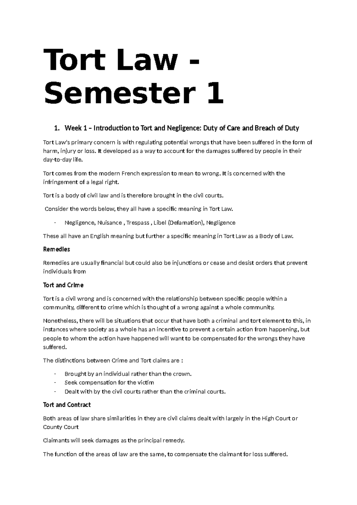 Tort Law Notes Tort Law Semester 1 1 Week 1 Introduction To Tort