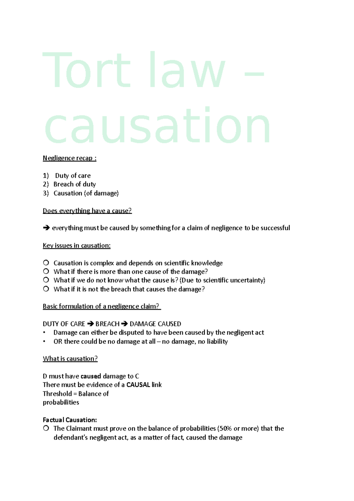 Tort Law Causation Tort Law Causation Negligence Recap Duty Of