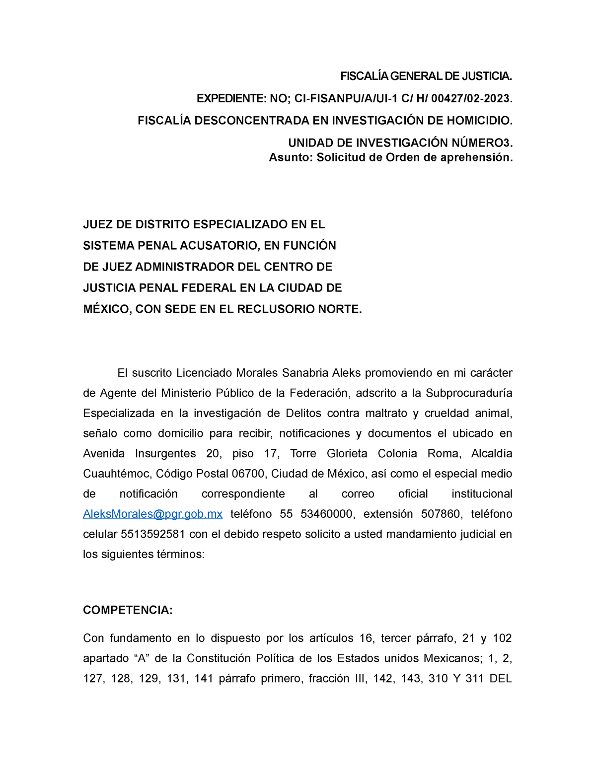 Orden De Aprehensión FiscalÍa General De Justicia Expediente No Ci