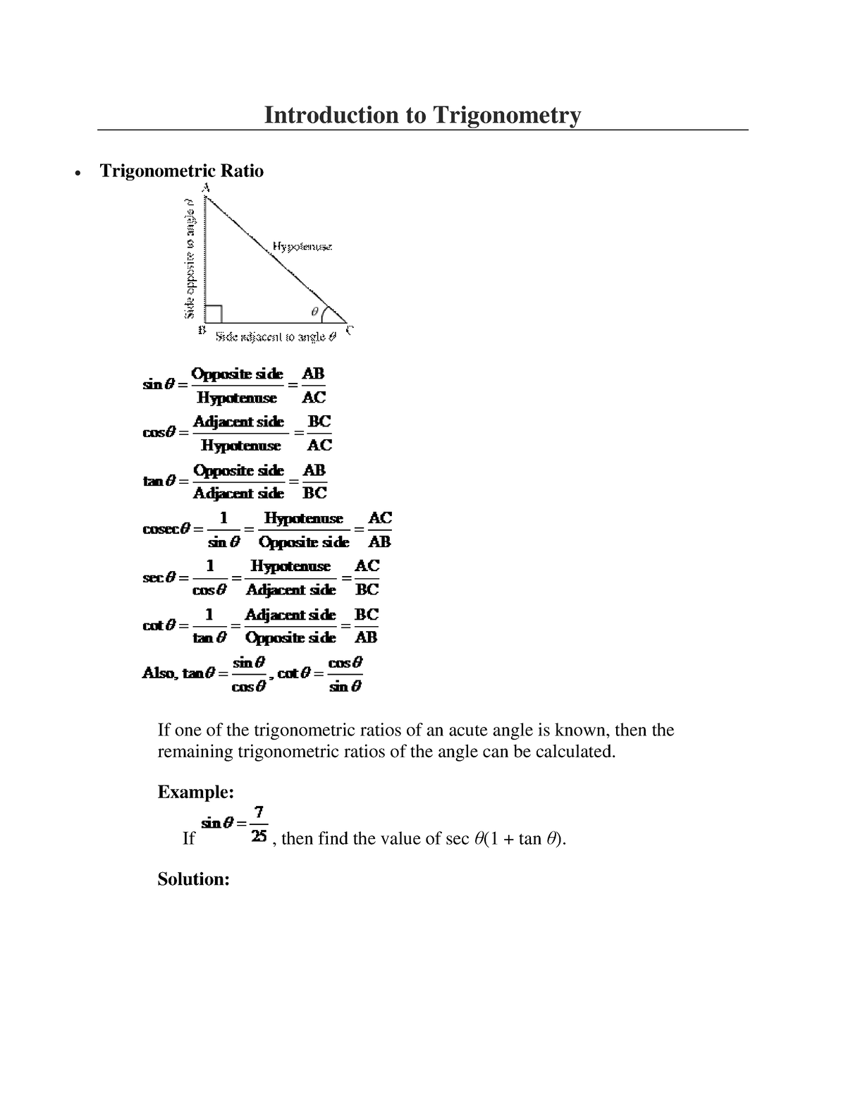 Sslc Maths Module 8 Introduction To Trigonometry Introduction To