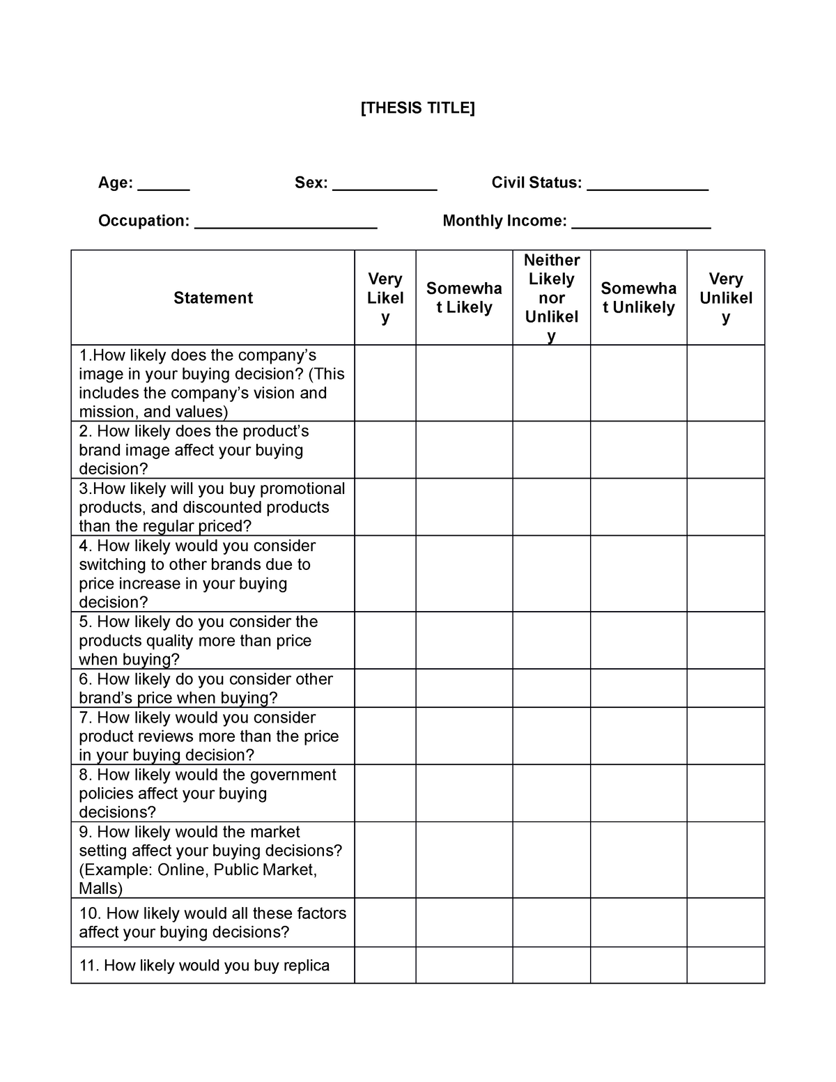 Updated Questionnaire Sample And Thesis Title Age Sex