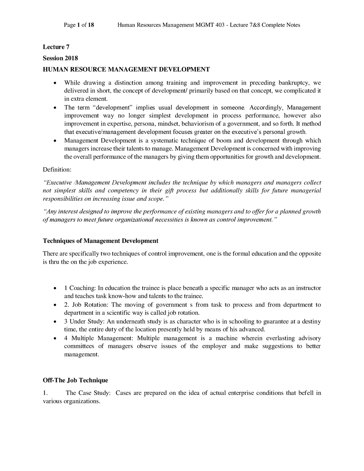 Human Resources Management Mgmt 403 Lecture 7and8 Complete Notes